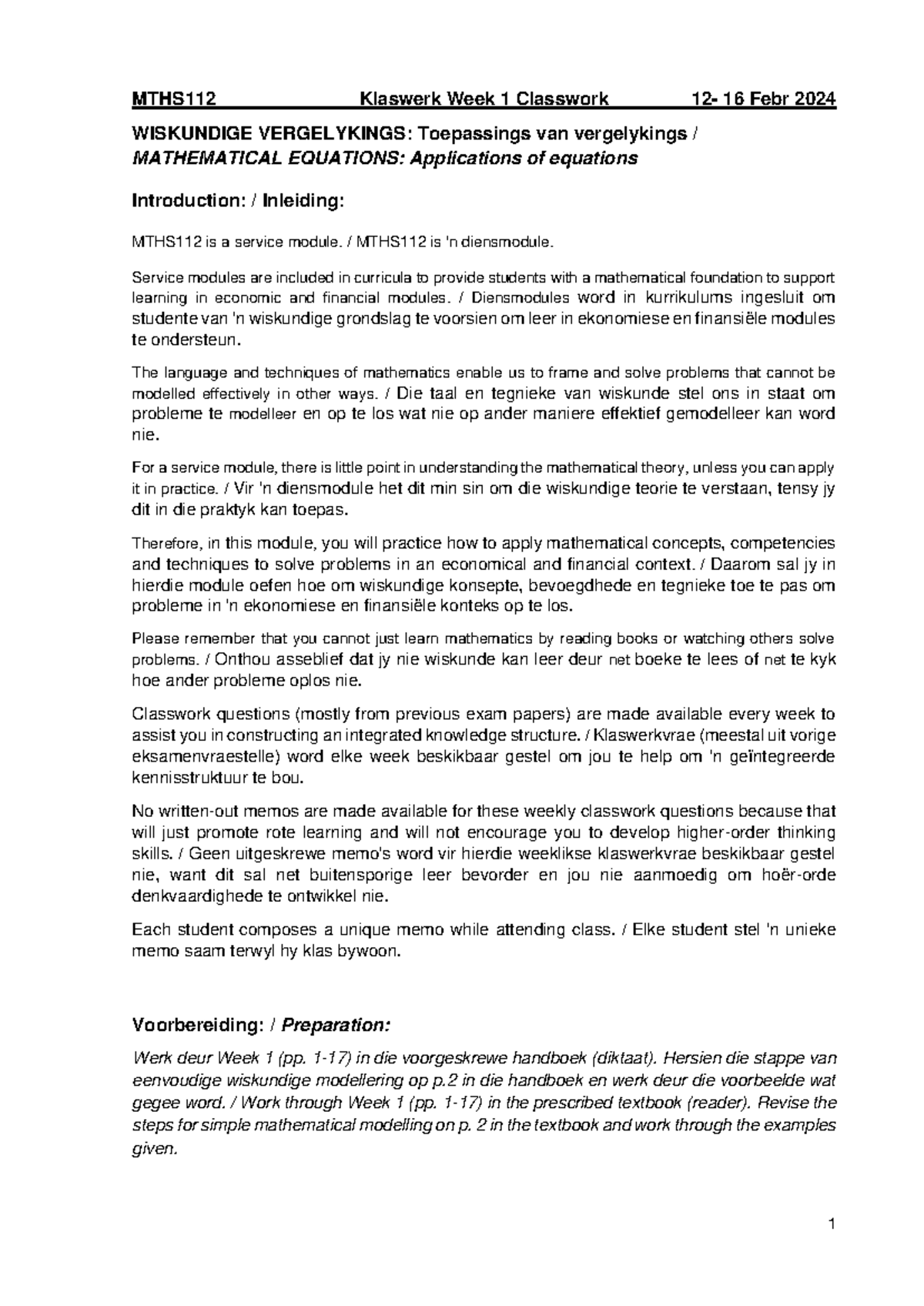 MTHS112 2024 Week 1 Klaswerk Classwork - MTHS 112 Klaswerk Week 1 Classwork 12 - 16 Febr 2024 ...