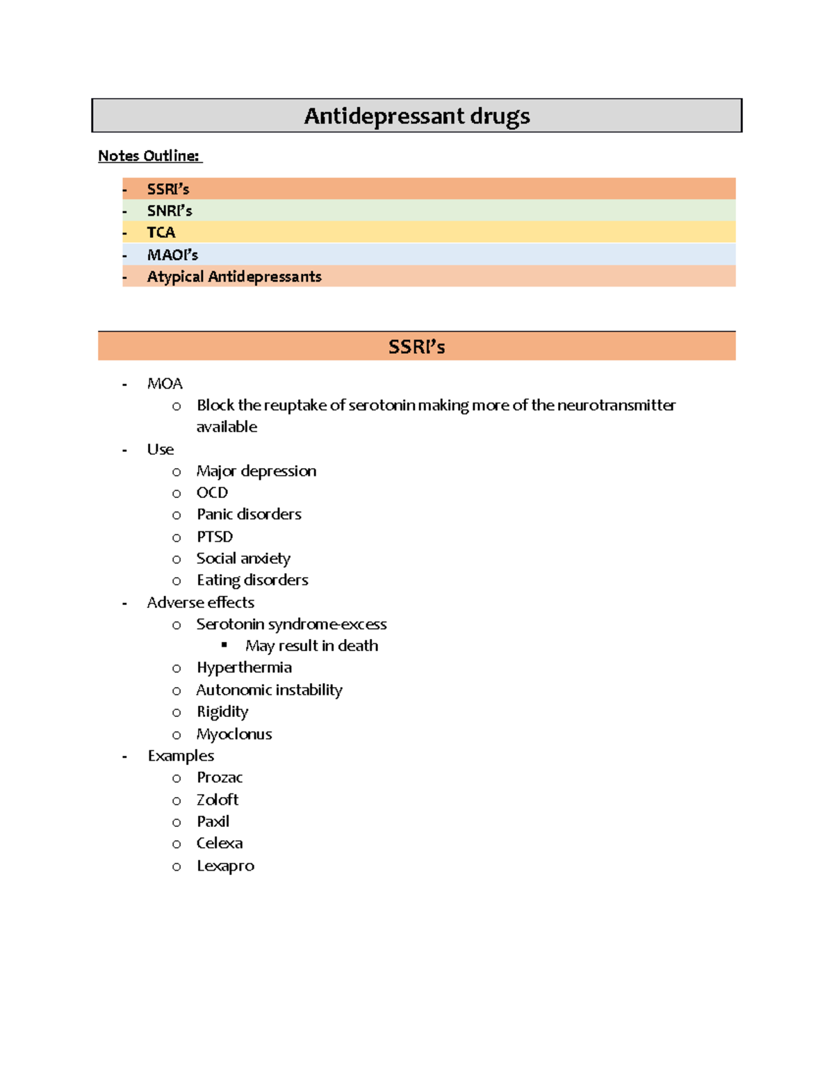 Mental Health- Antidepressants - Antidepressant drugs Notes Outline ...