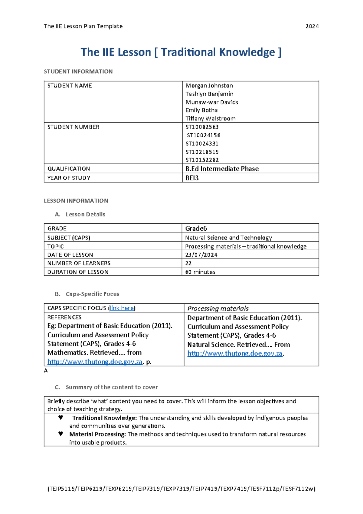 The IIE Lesson Plan Template NST - The IIE Lesson [ Traditional ...