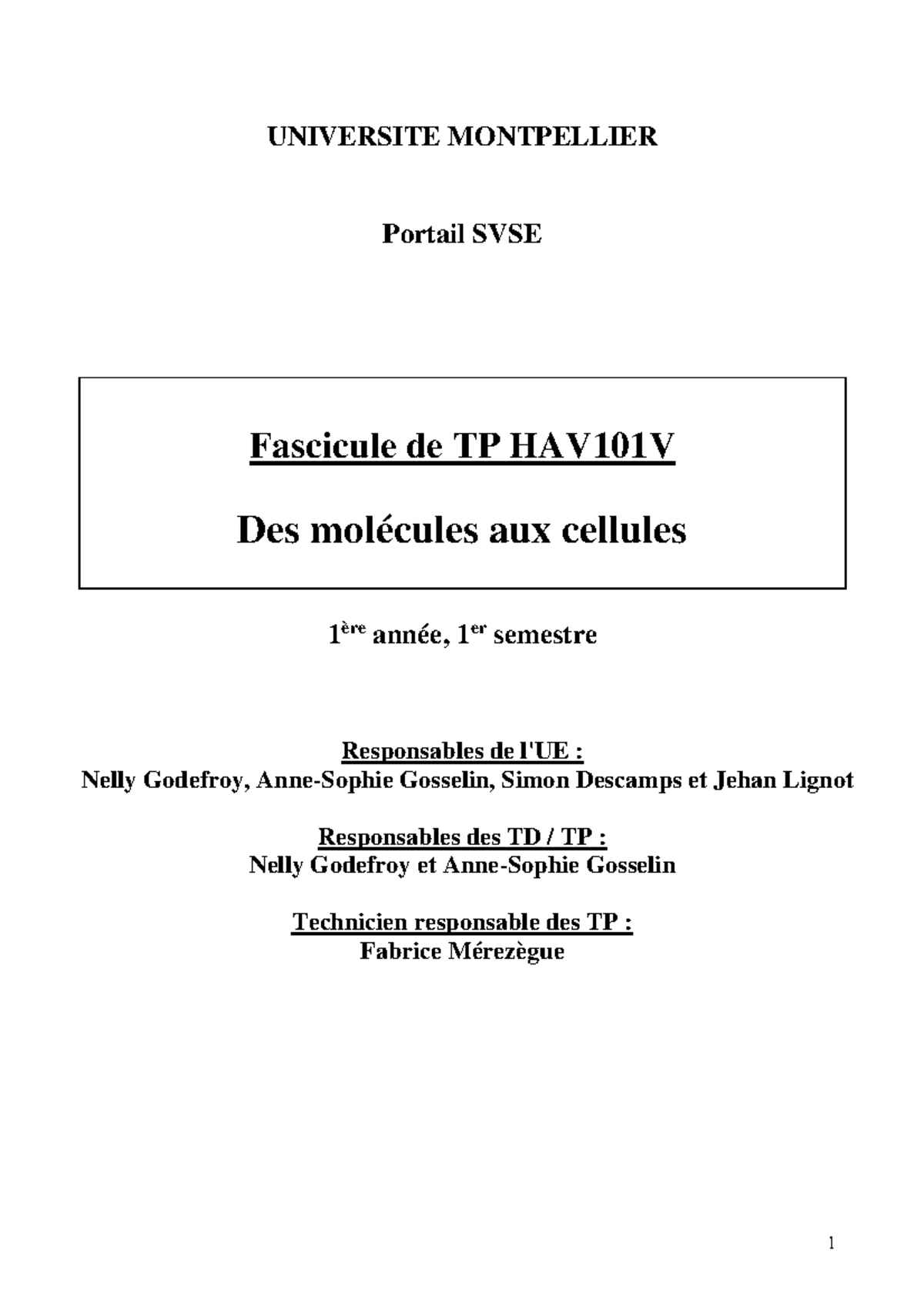 Fascicule HAV101V TP 2024 2025 - UNIVERSITE MONTPELLIER Portail SVSE ...