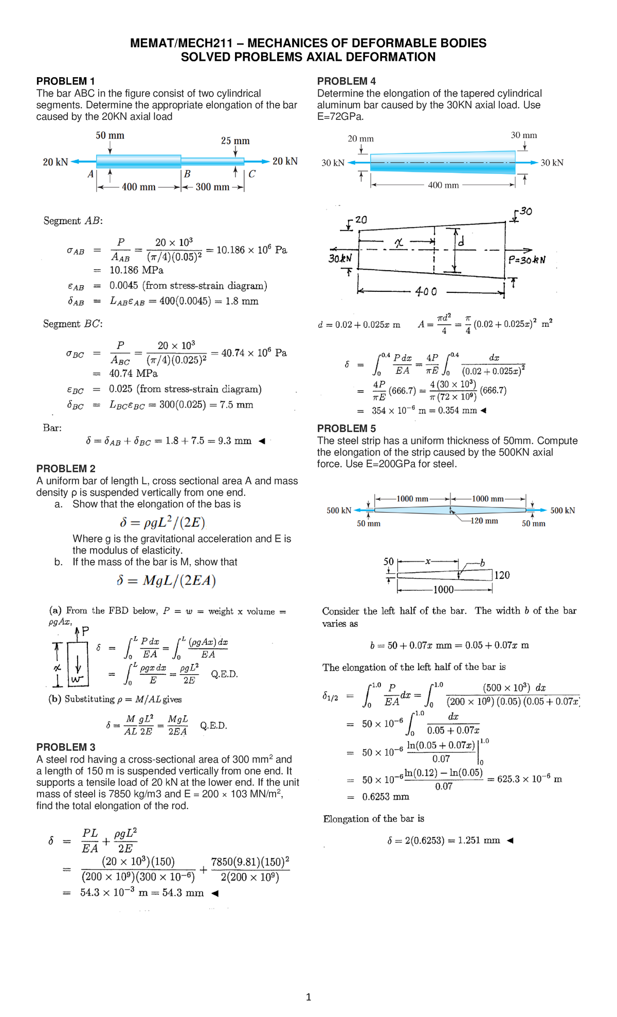 Solved-problems-axial-deformation compress - MEMAT/MECH211 – MECHANICES OF DEFORMABLE BODIES ...