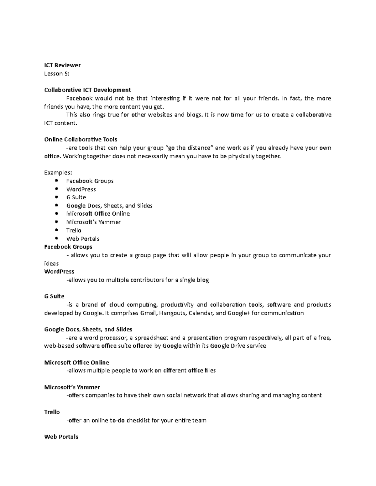 ICT Reviewer Lesson 9 - Lecture - ICT Reviewer Lesson 9: Collaborative ...