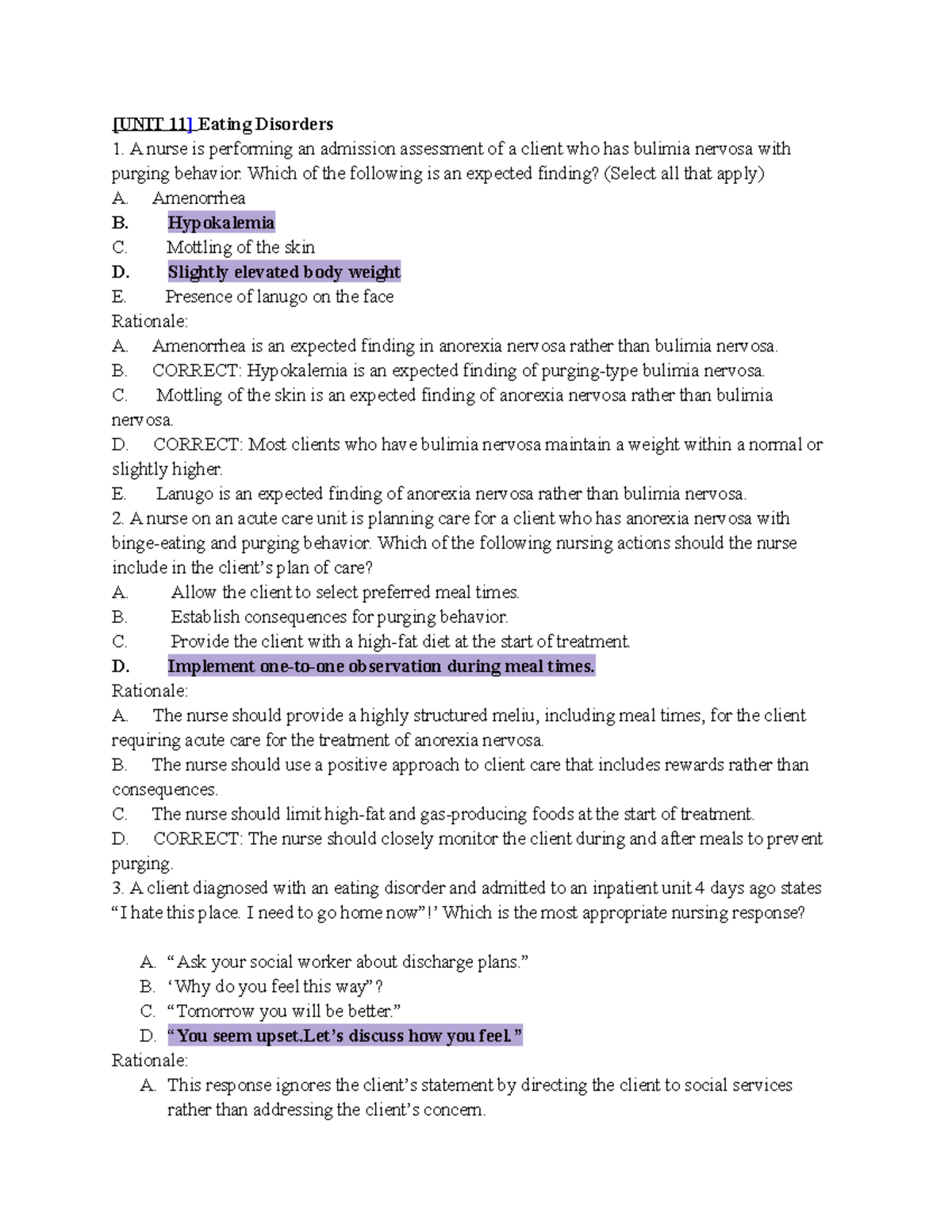 Units 11 and 12 Nclex Quesitons - [UNIT 11] Eating Disorders A nurse is ...