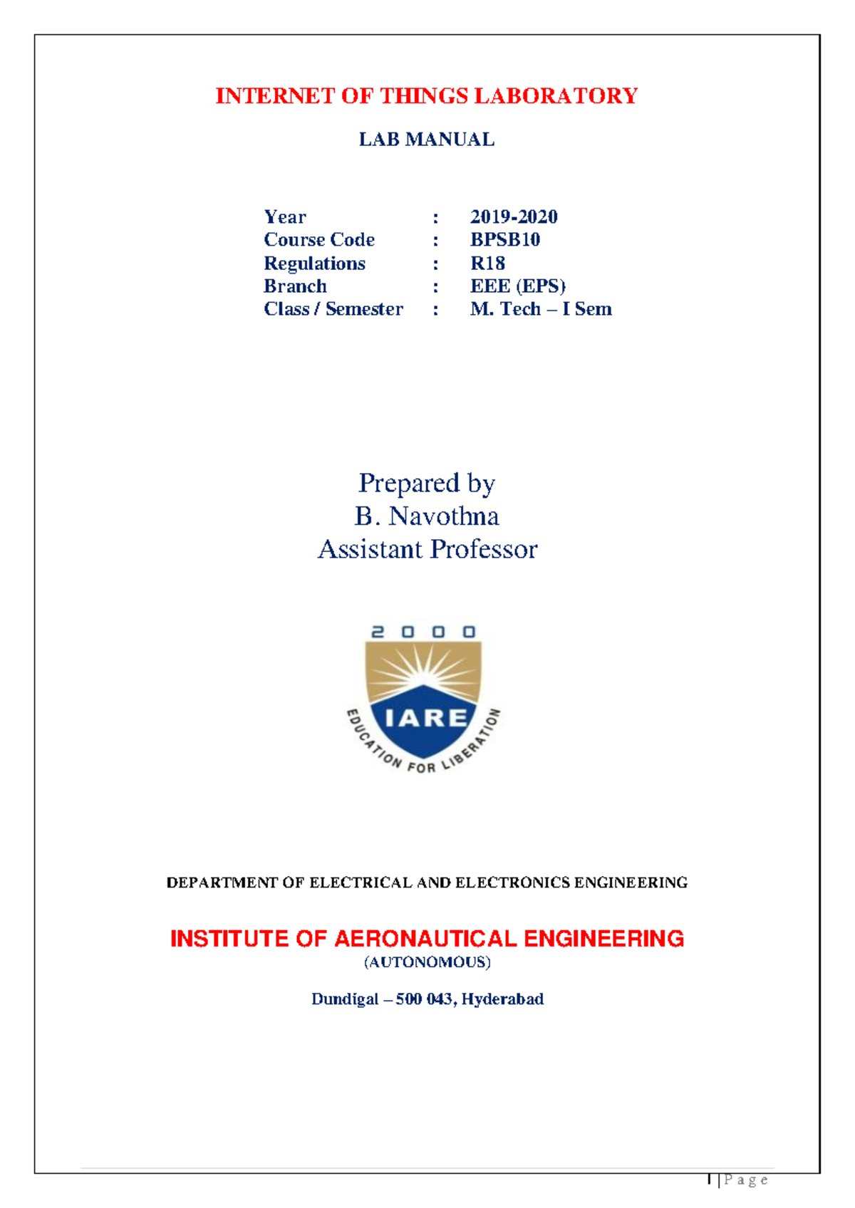 IARE IOT LAB Manual - 1 | P a g e INTERNET OF THINGS LABORATORY LAB ...
