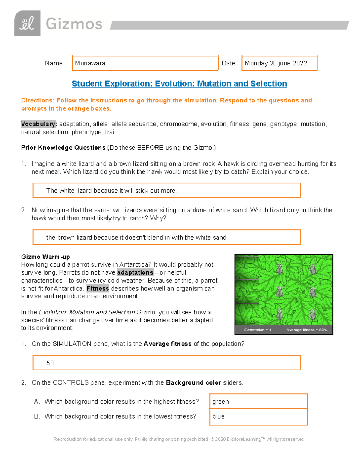 Biology- gizmos Evolution Mutation Selection - Name: Munawara Date ...