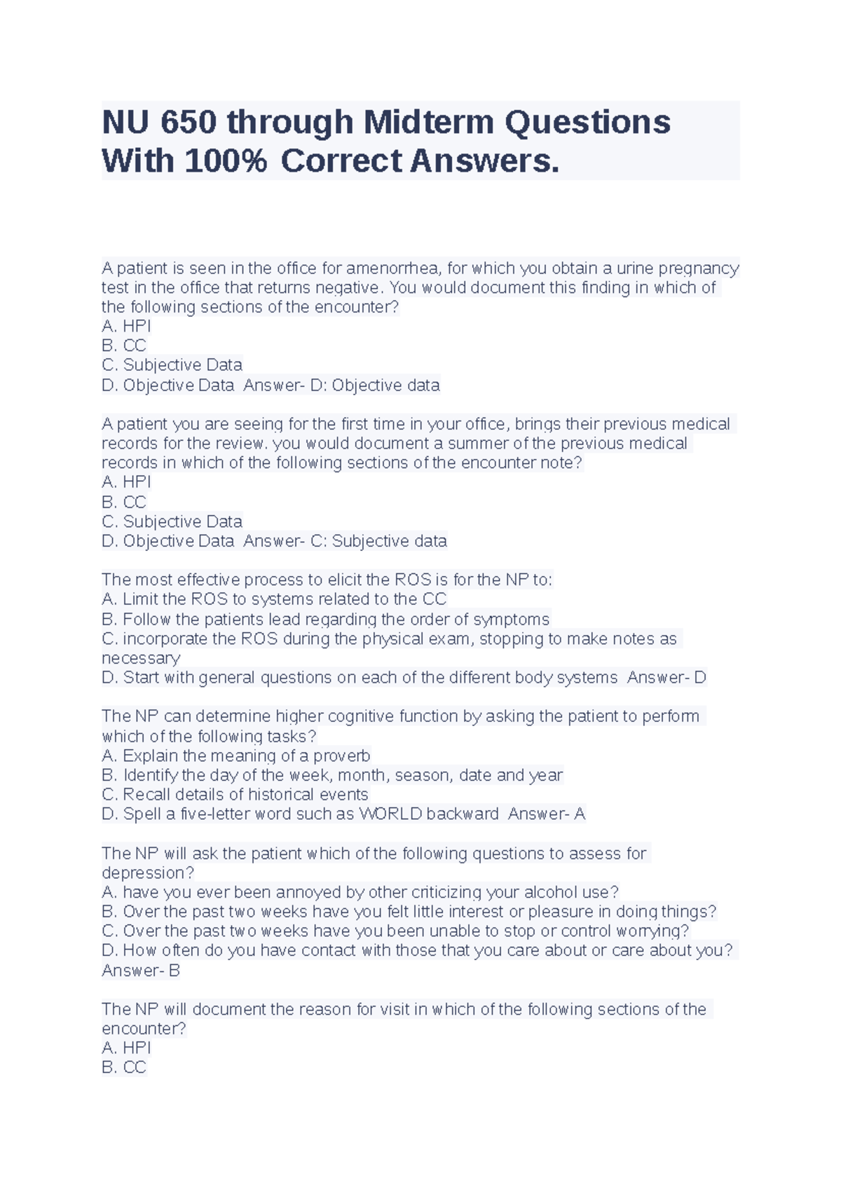 NU650 thru Midterm Questions 38 pages - NU 650 through Midterm Questions With 100% Correct ...