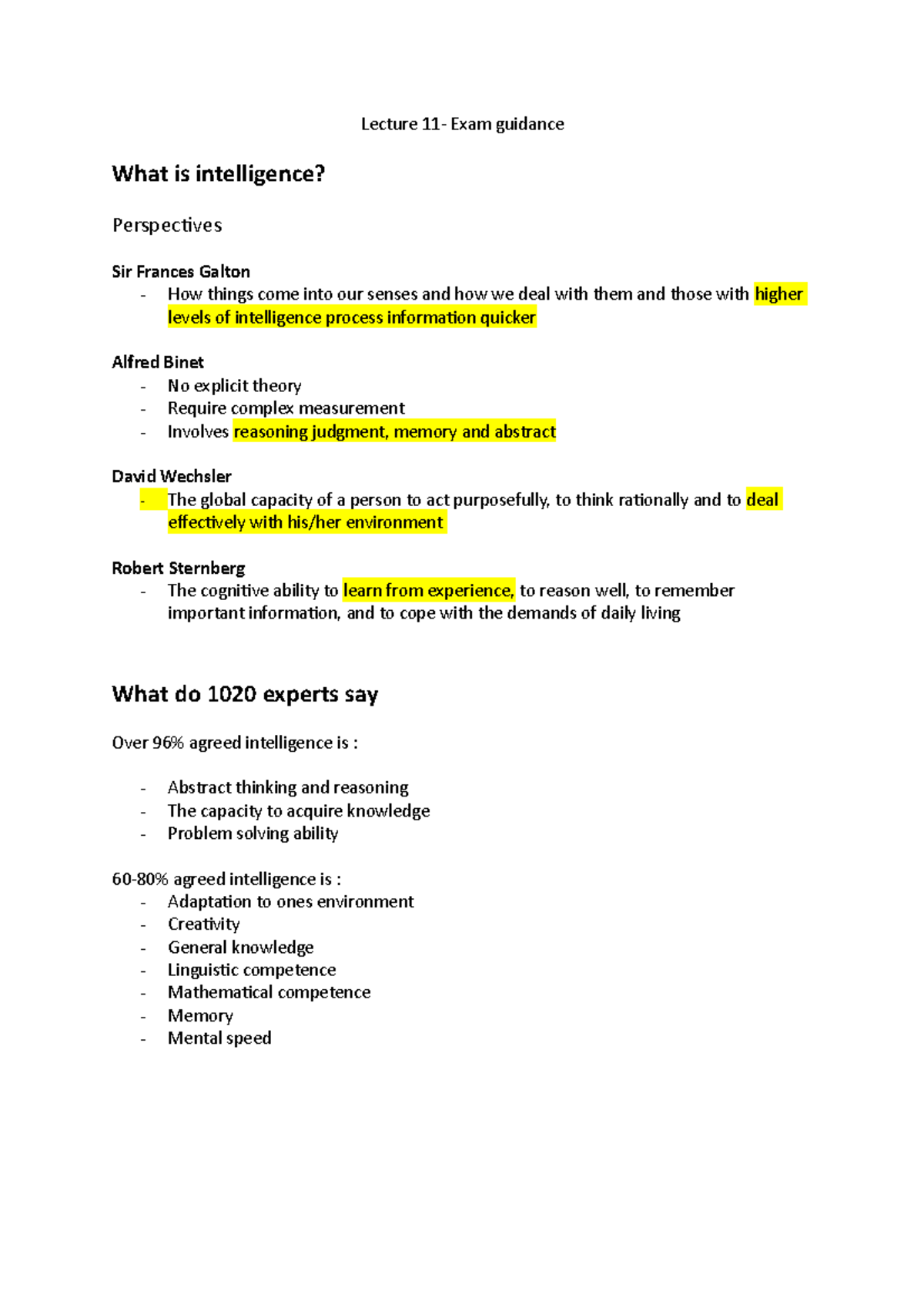 Lecture 11- intelligence - Lecture 11- Exam guidance What is ...