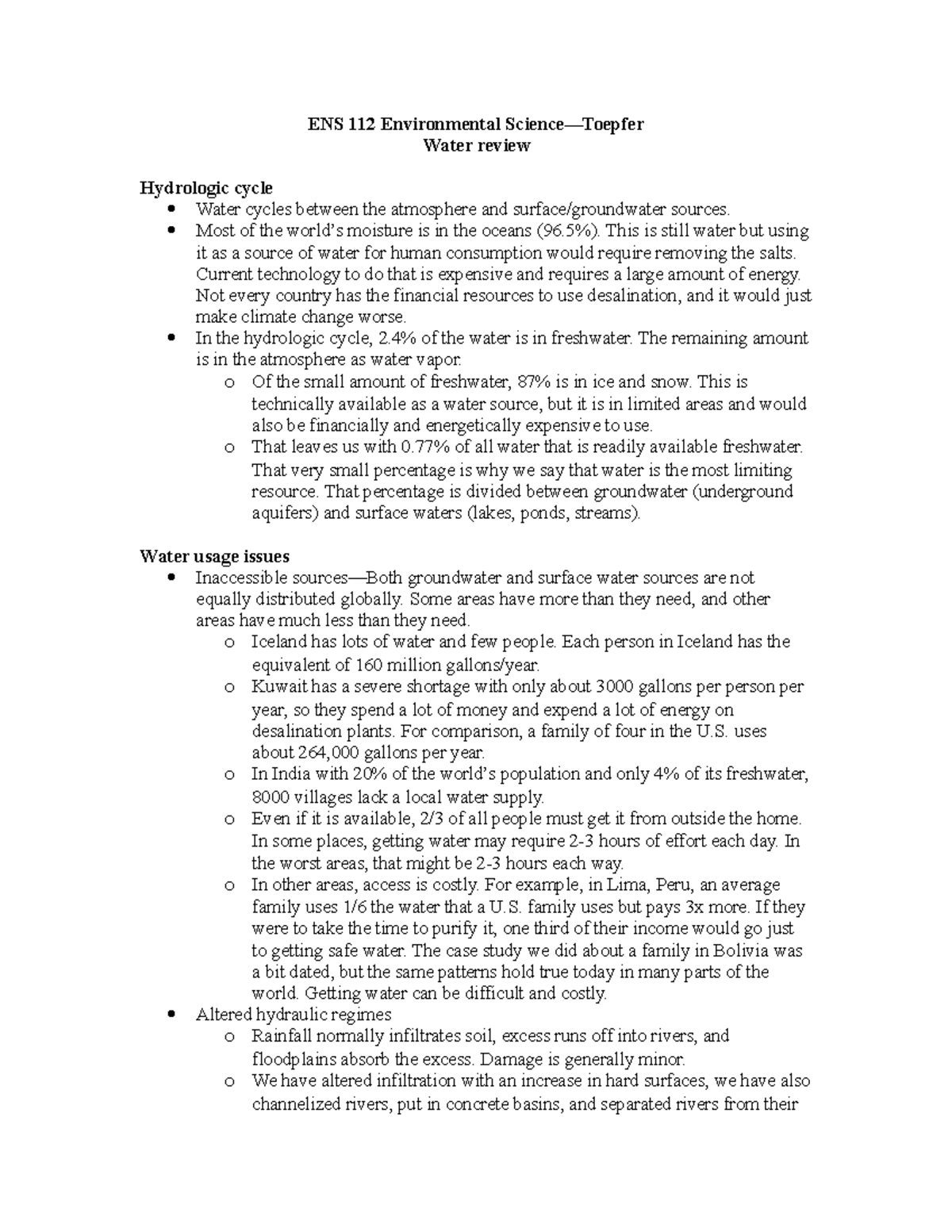 Water review - Dr Conrad Toepfer Class - ENS 112 Environmental Science ...