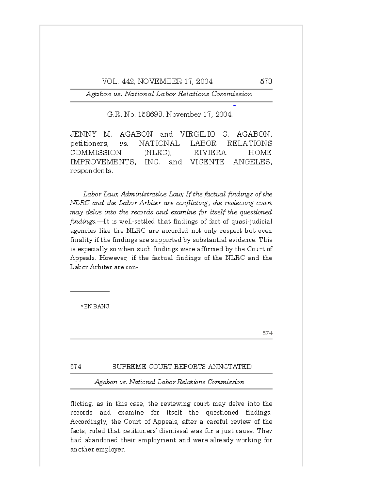 8. Agabon v. NLRC, G.R. No. 158963 - VOL. 442, NOVEMBER 17, 2004 573 ...