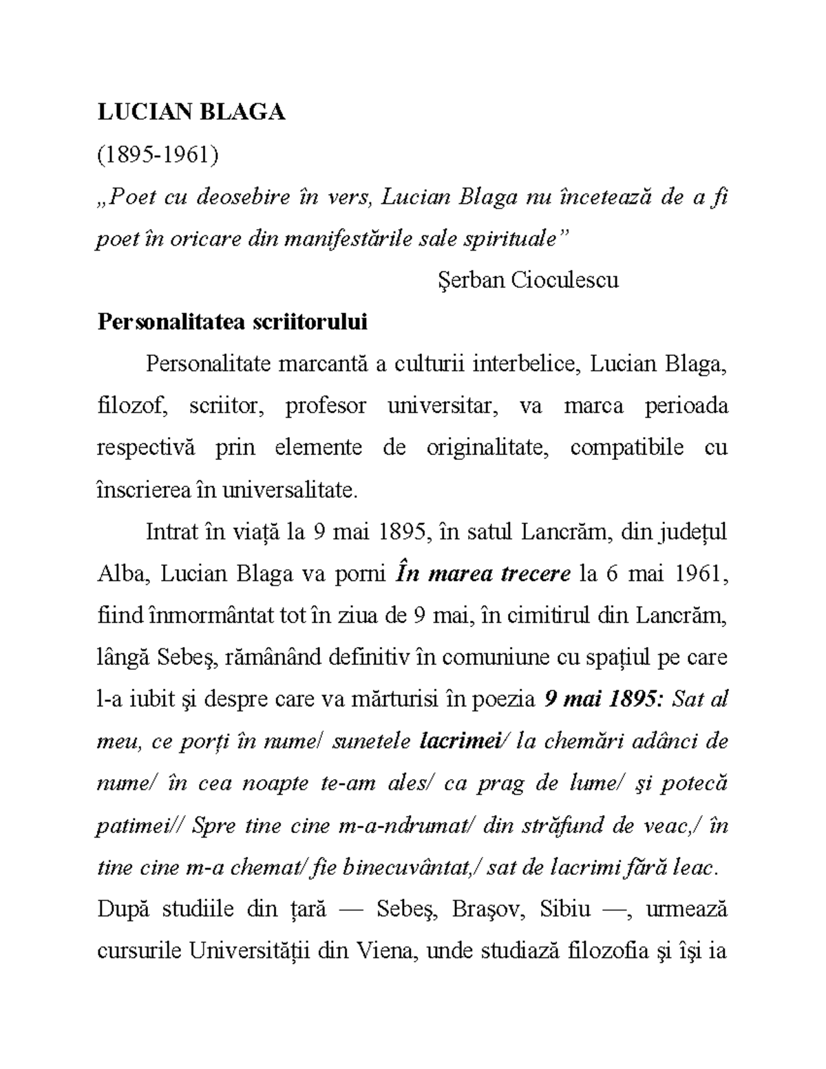 Lucian Blaga +Ion Barbu - LUCIAN BLAGA (1895-1961) „Poet cu deosebire ...