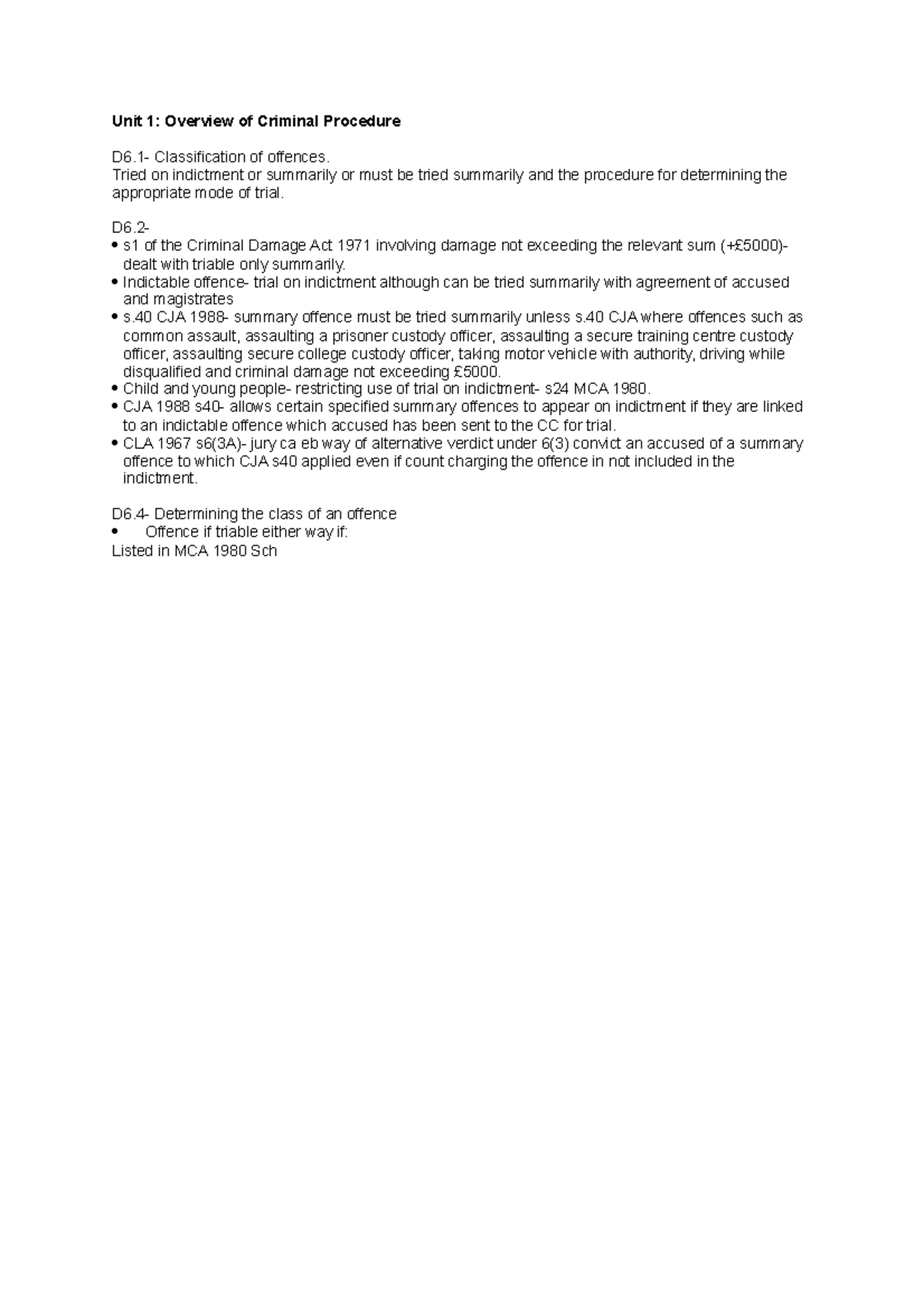 Unit 1 - notes - Unit 1: Overview of Criminal Procedure D6 ...