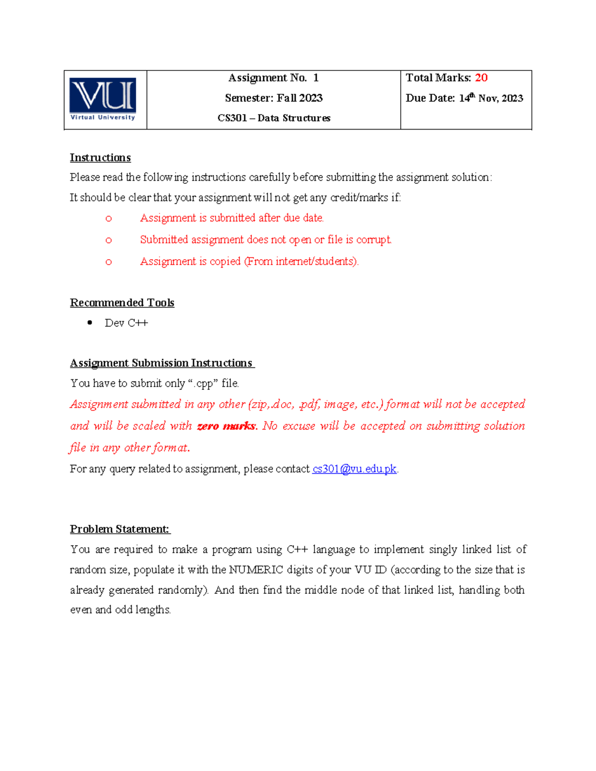 Fall 2023 Cs301 1 Assignment No 1 Semester Fall 2023 Cs301 Data Structures Total Marks 20