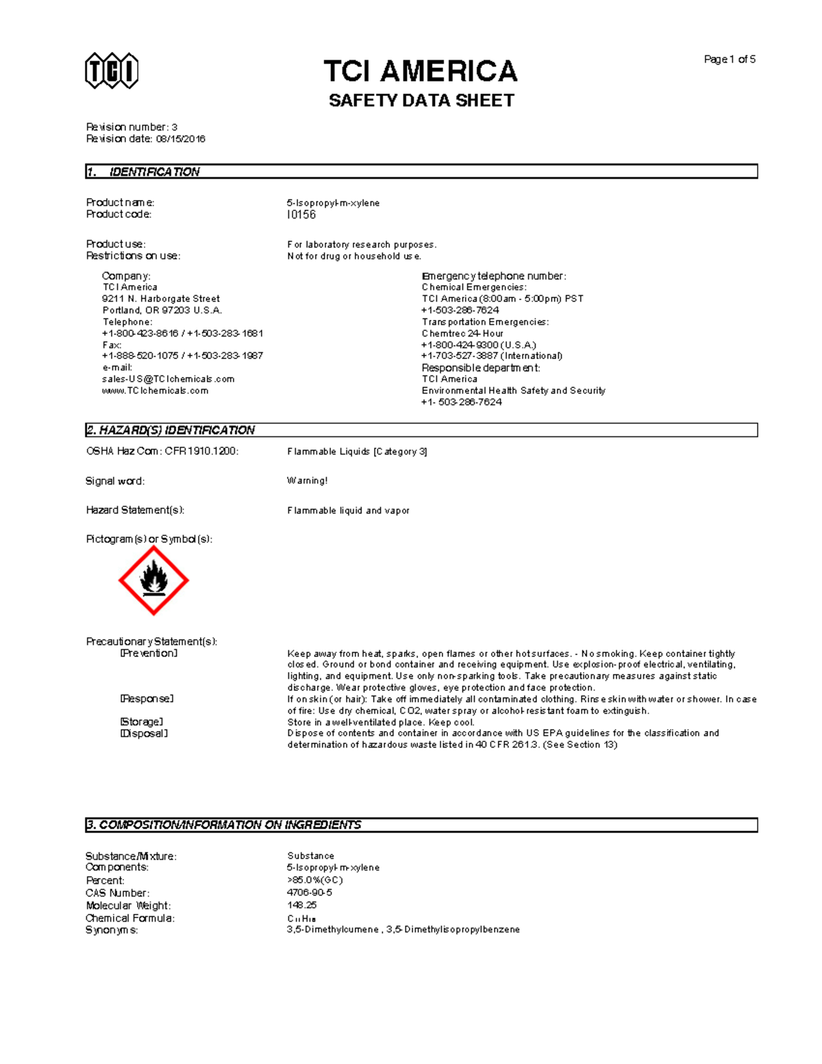 1,3-dimethyl 5-isopropylbenzene SDS - Revision number: 3 Revision date ...