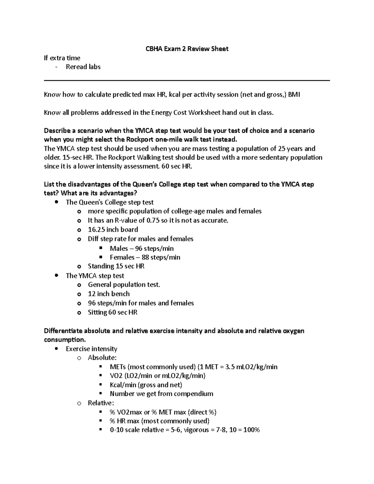 CBHA Exam 2 Review Sheet - CBHA Exam 2 Review Sheet If extra time ...