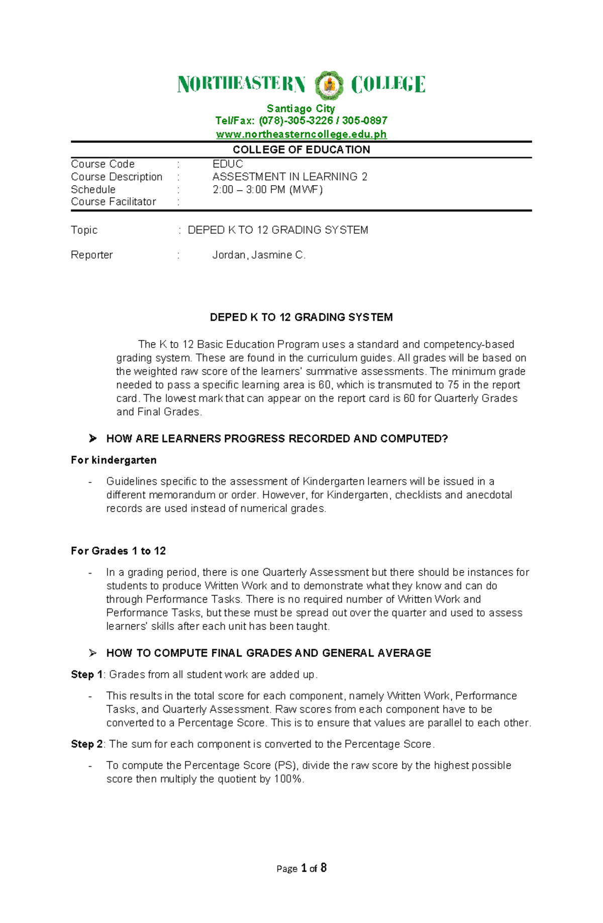 Dep Ed K 12gradingsystem - Santiago City Tel/Fax: (078)-305-3226 / 305 ...