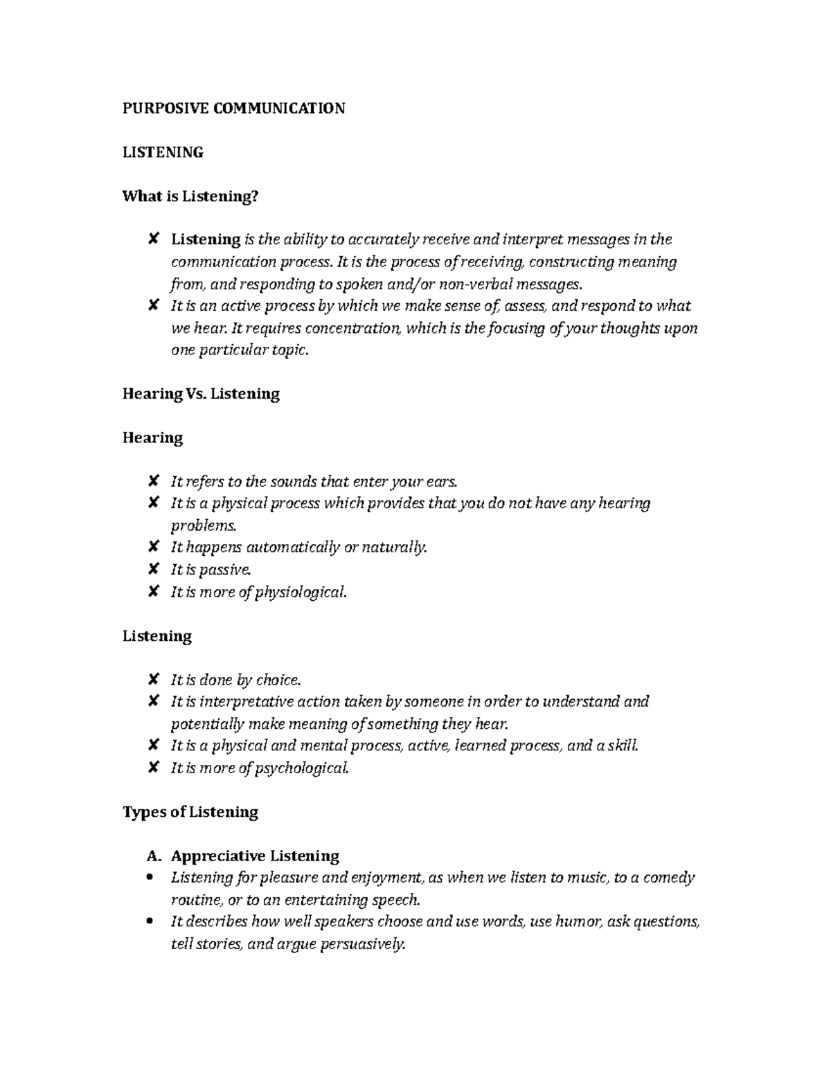 Listening - Lecture notes 1-4 - PURPOSIVE COMMUNICATION LISTENING What ...