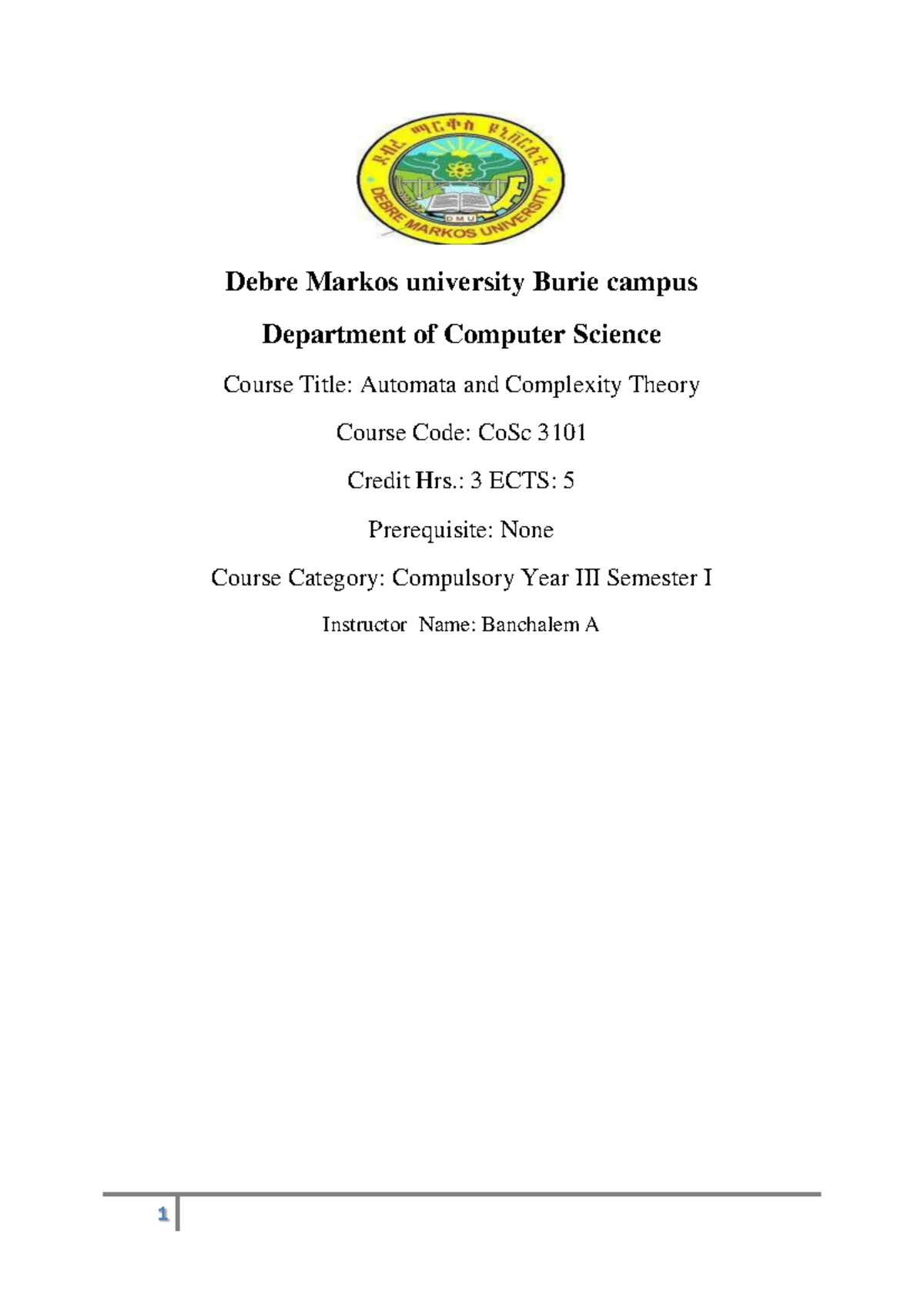 Automata and Complexity Theory course outline - Computer Networks and ...