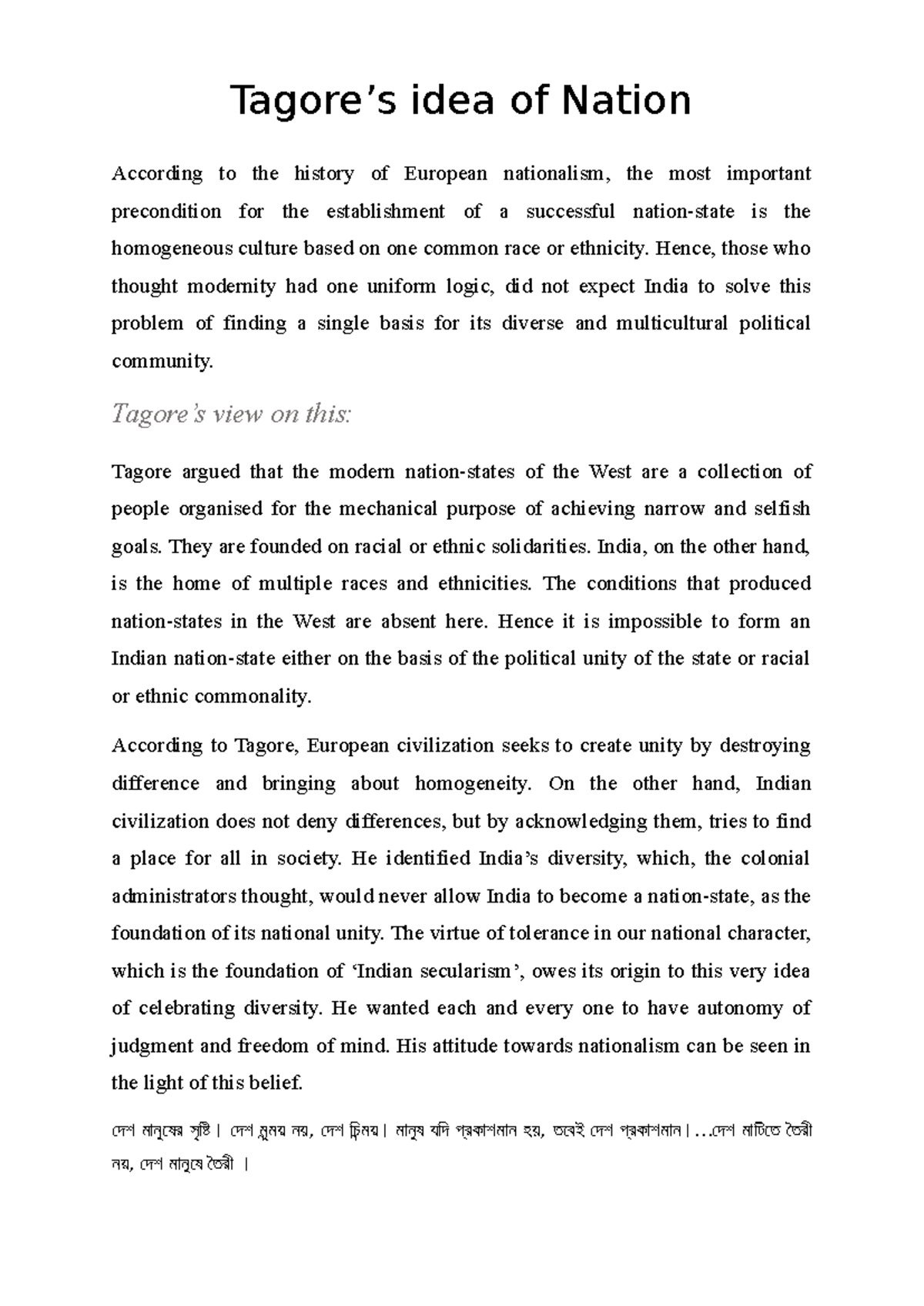 Tagore's idea of Nation - Tagore’s idea of Nation According to the ...