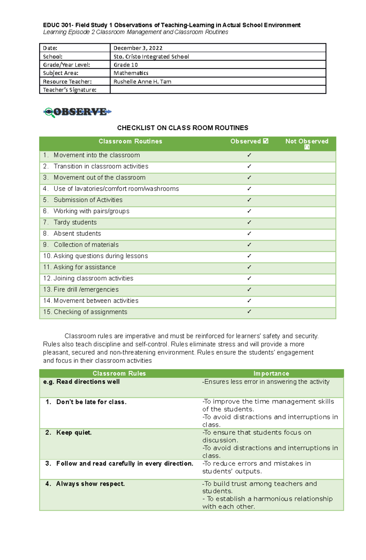 episode 2 field study1 - Learning Episode 2 Classroom Management and ...