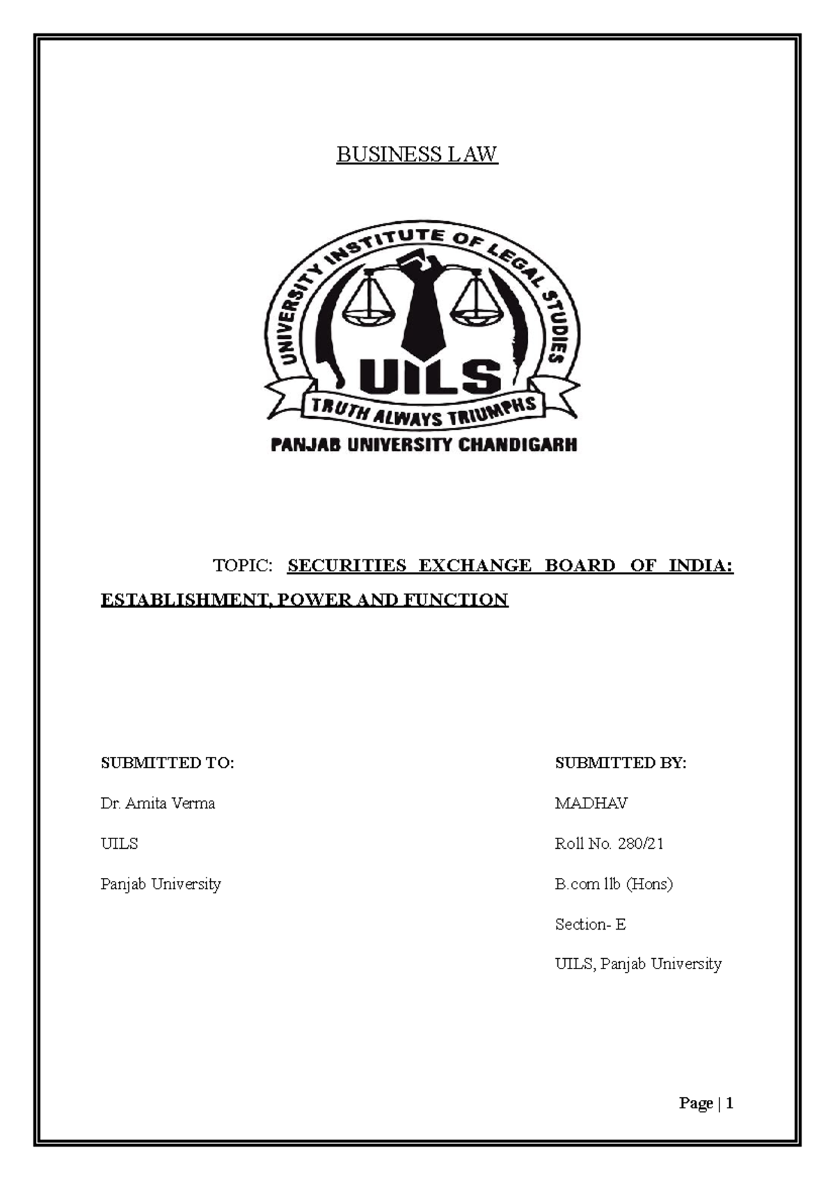 Business Law project - It provides for establishment and power of SEBI ...