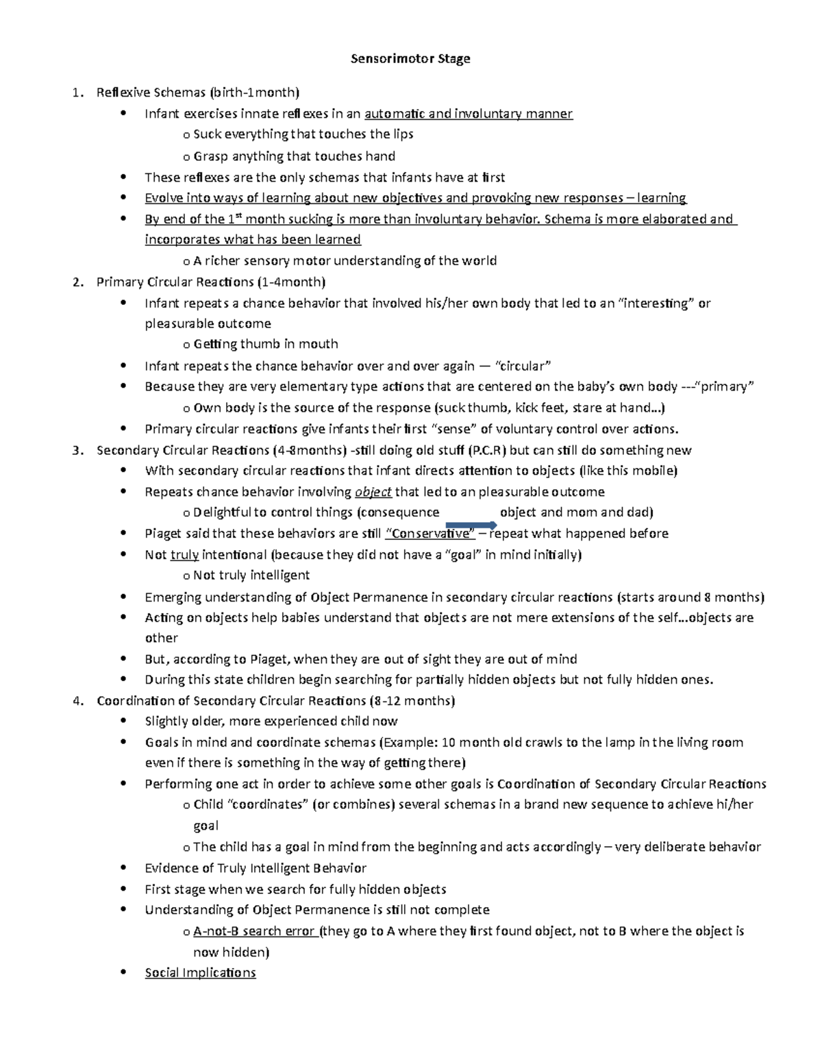 Class Notes Child PSY 3000 - Sensorimotor Stage 1. Reflexive Schemas ...