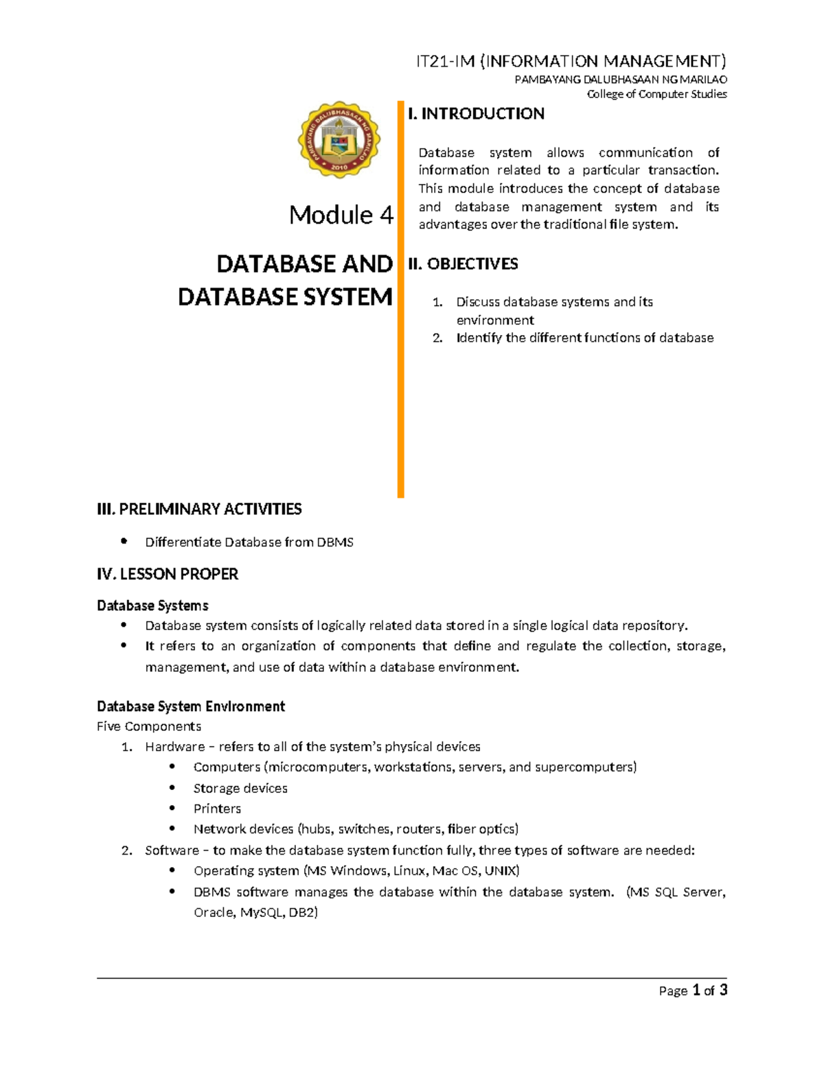 Copy-of-IT21 IM Module 4 - IT21-IM (INFORMATION MANAGEMENT) PAMBAYANG DALUBHASAAN NG MARILAO ...