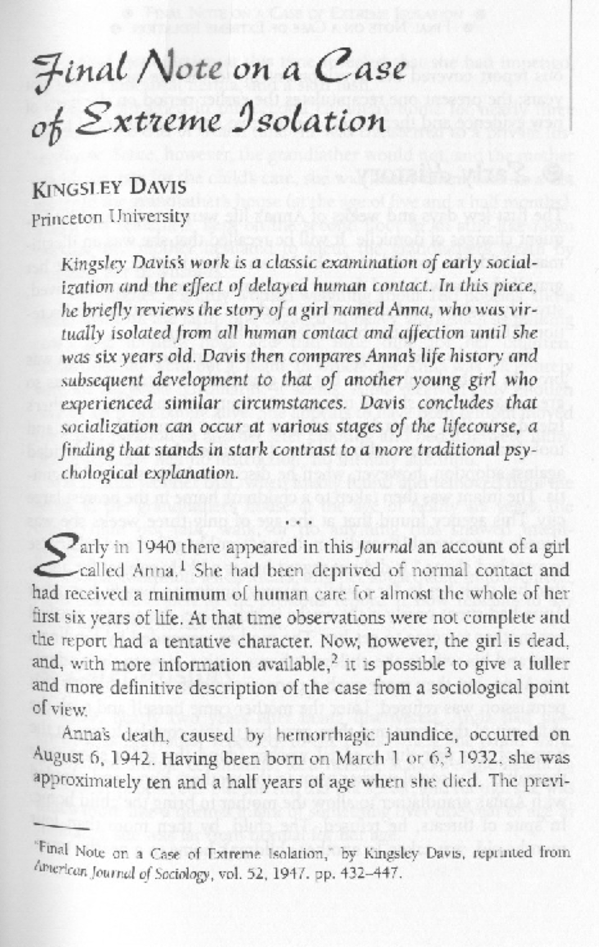 Final Note on a Case of Extreme Isolation - ~inal Note on a ease o~2xt'leme j solation KINGSLEY ...