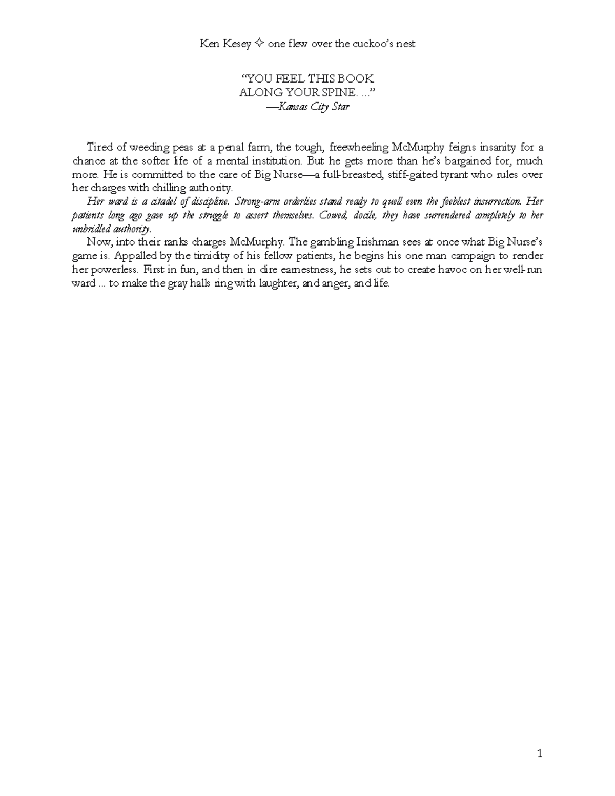 One Flew Over the Cuckoos Nest - Ken Kesey - - Studocu