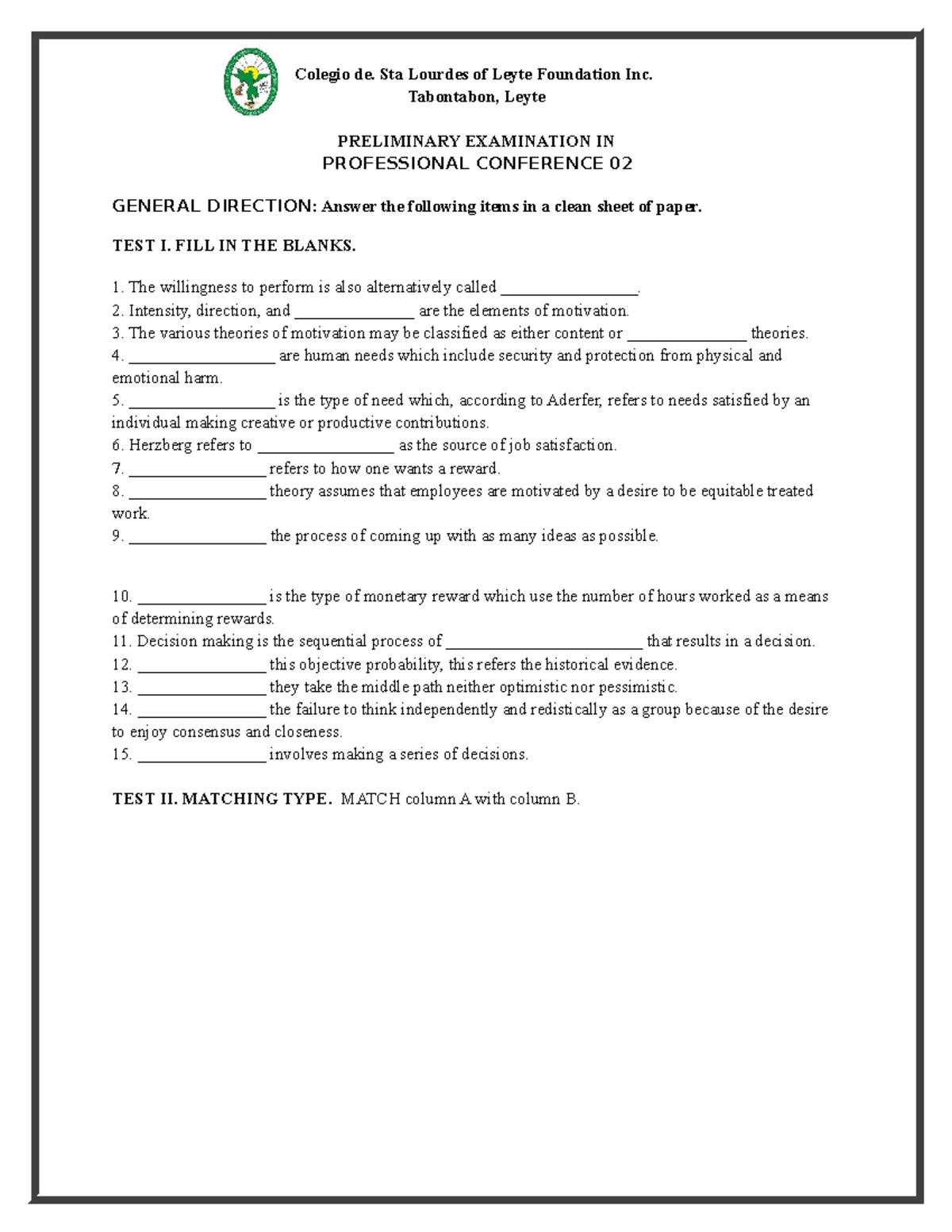 Prelim. EXAM.-PROF.CON 02 BSE Level 2 - Colegio de. Sta Lourdes of ...