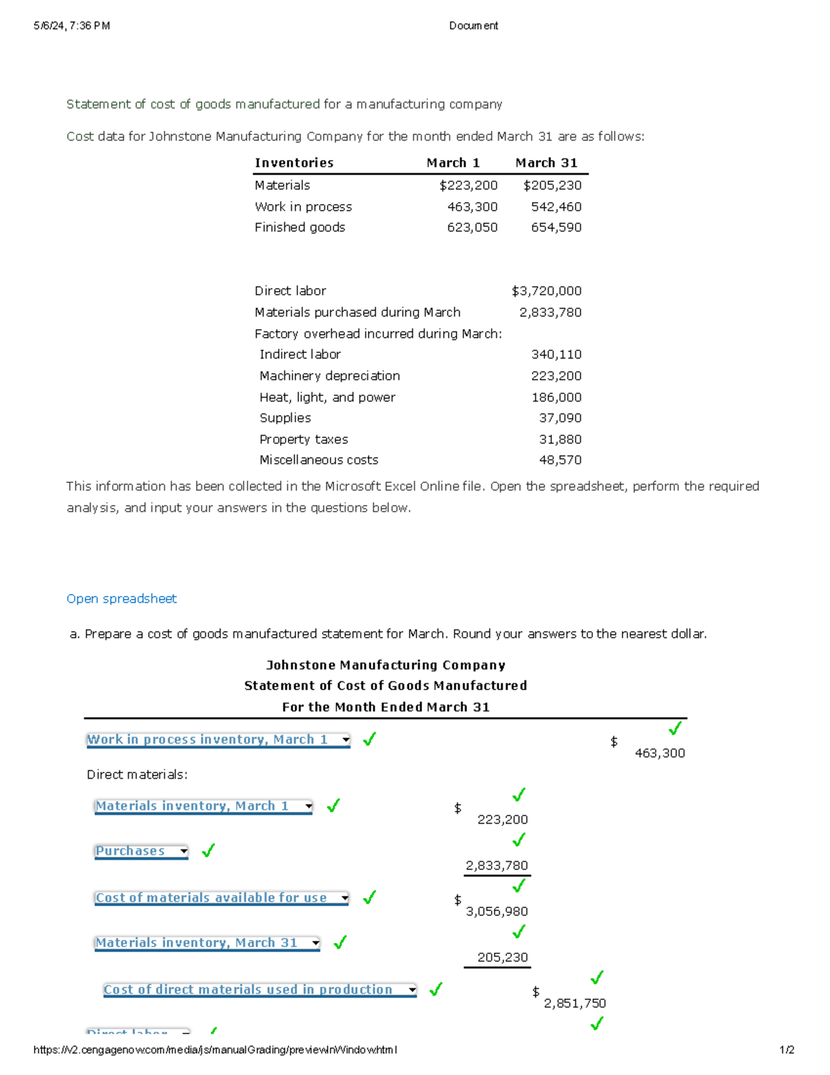 ACC 202 - Problem Set Module 1-2 - Statement of cost of goods ...