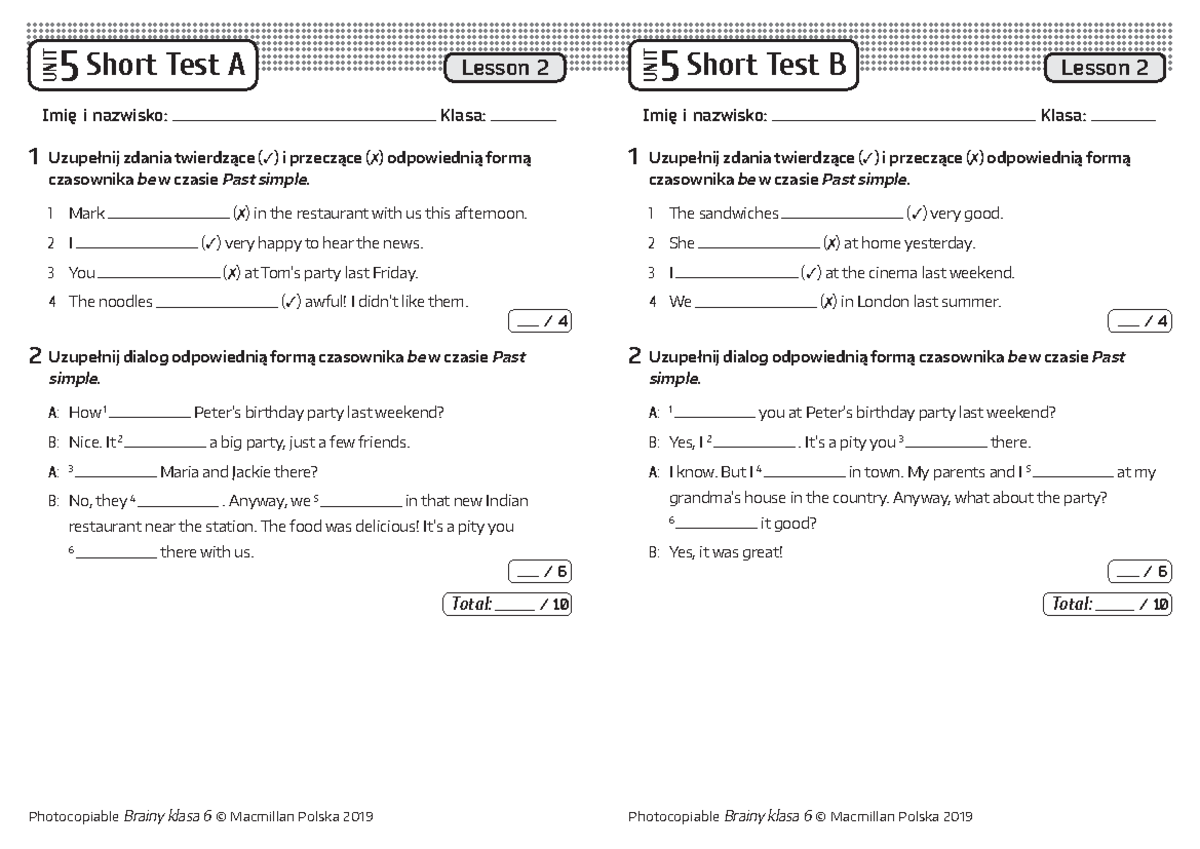 Brainy kl6 Short Tests Unit 5 Lesson 2 - Imię i nazwisko: Klasa: Imię i ...