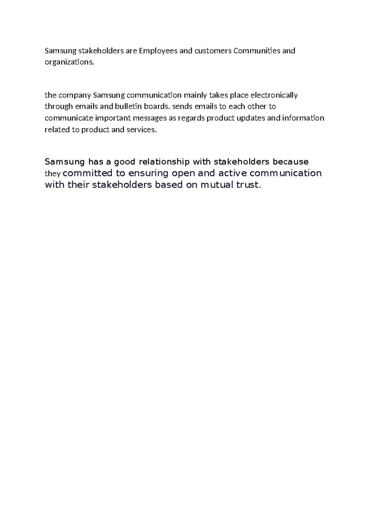 Samsung work - Unit 4 assignment 2 - Samsung stakeholders are Employees ...