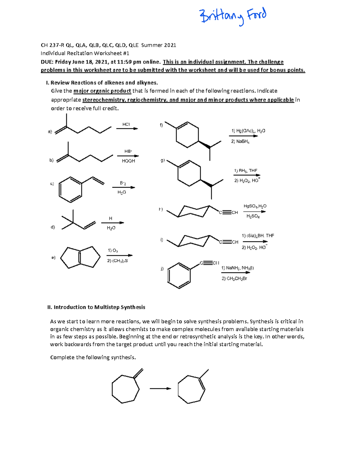 CH 237 Pre-recitation Worksheet 1 Su 2021 - CH 237 ‐R QL, QLA, QLB, QLC ...