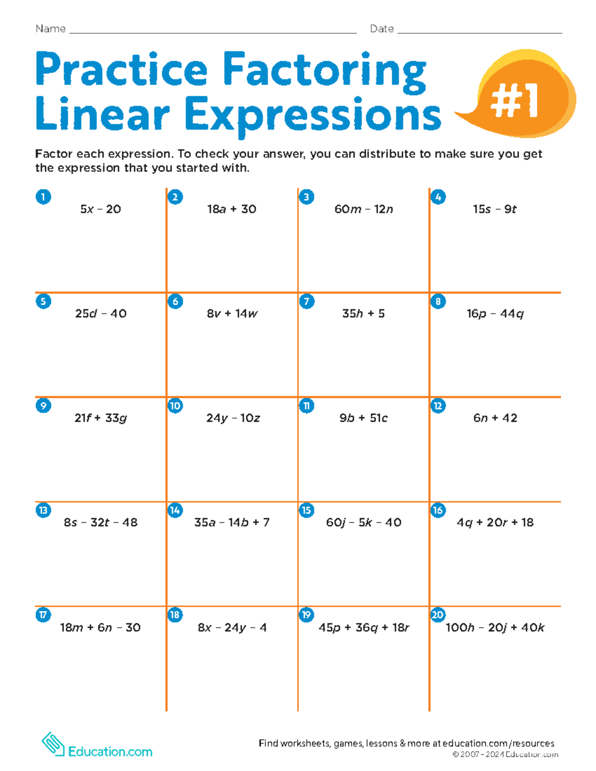 Practice factoring linear expressions 1 - Practice FactoringLinear ...