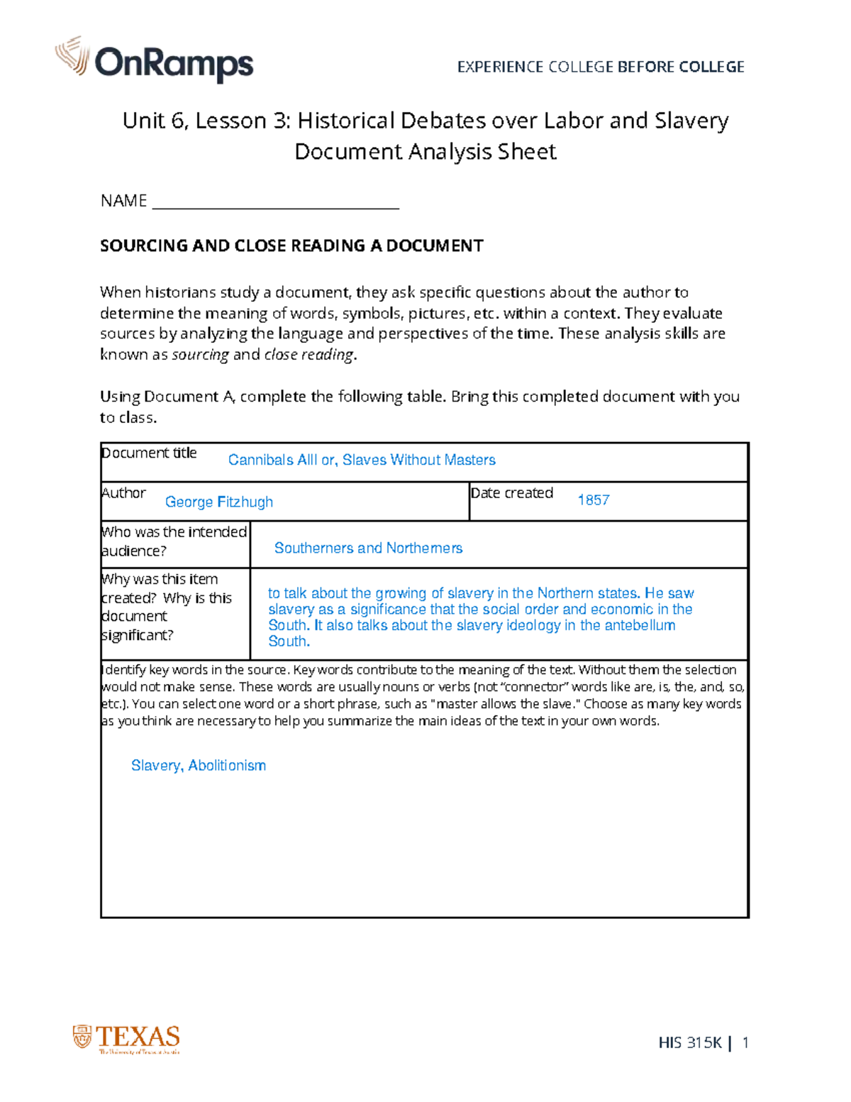 315k 6 3 Document Analysis Sheet His 315k 1 Experience College