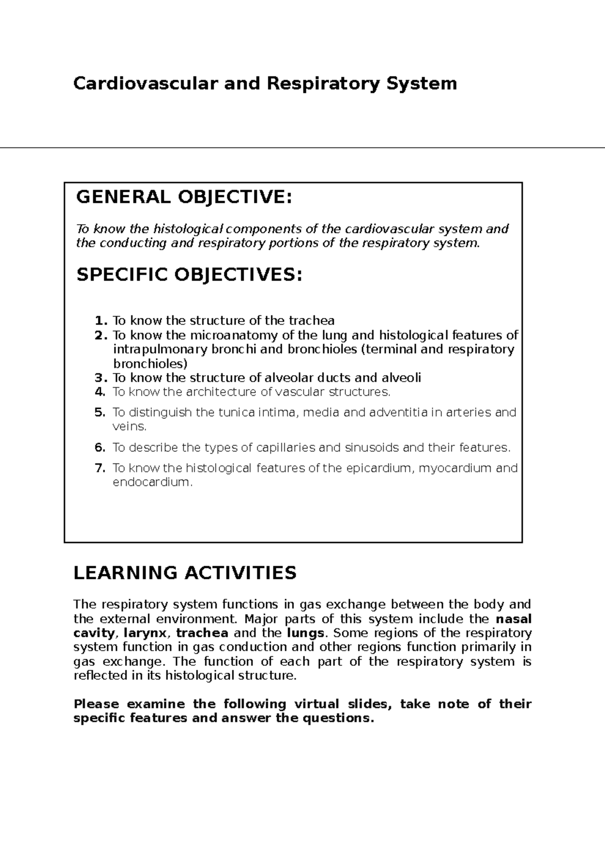 Resp and CVS - Practical Lab - Cardiovascular and Respiratory System ...