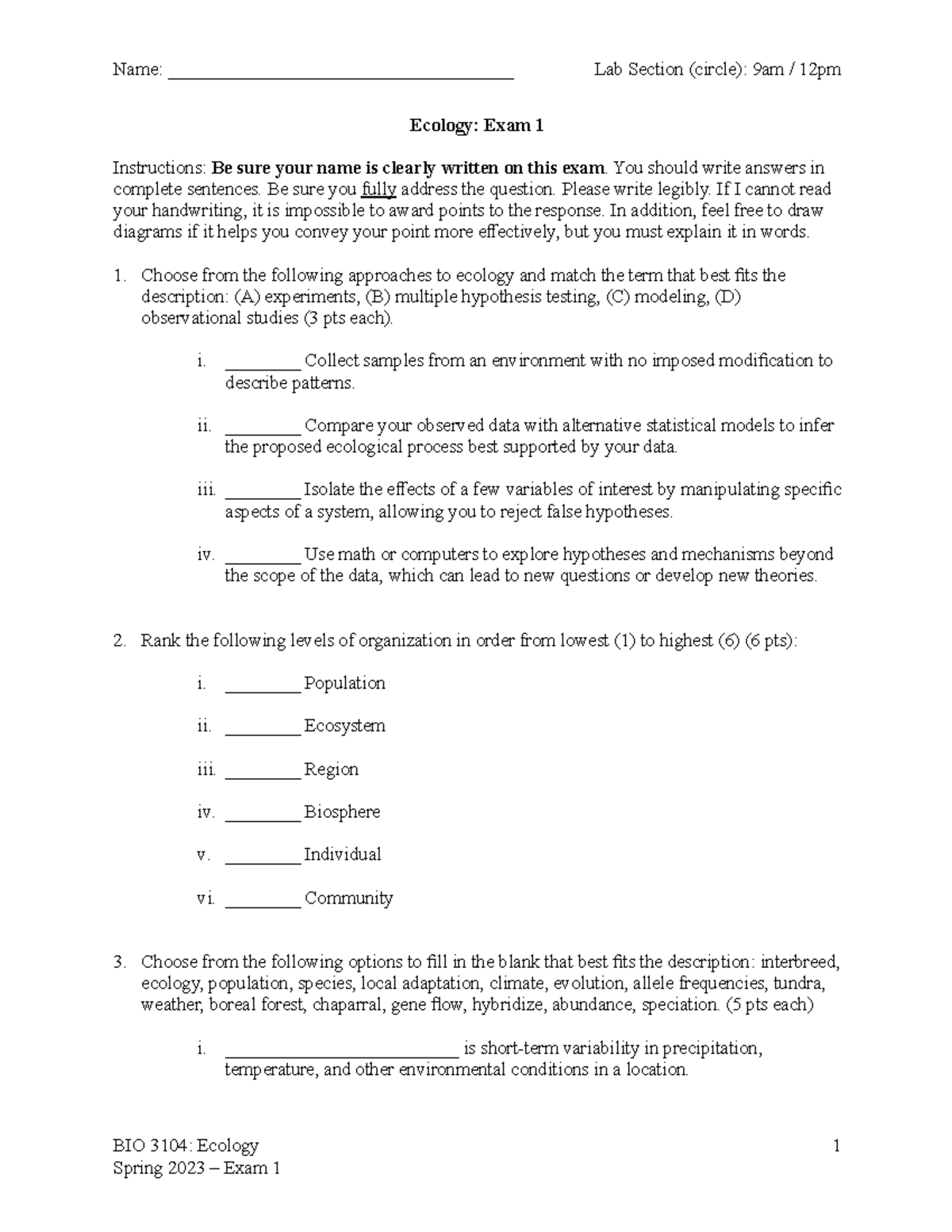 Bio 3104 ecology exam1 2023 - BIO 3104: Ecology 1 Ecology: Exam 1 ...