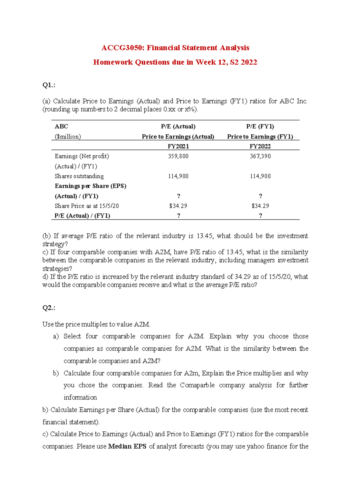 HW WK12 - Lec - ACCG3050: Financial Statement Analysis Homework ...