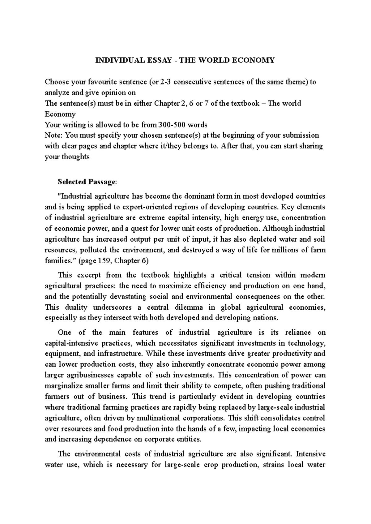 Essay 1 The world Economy - INDIVIDUAL ESSAY - THE WORLD ECONOMY Choose ...