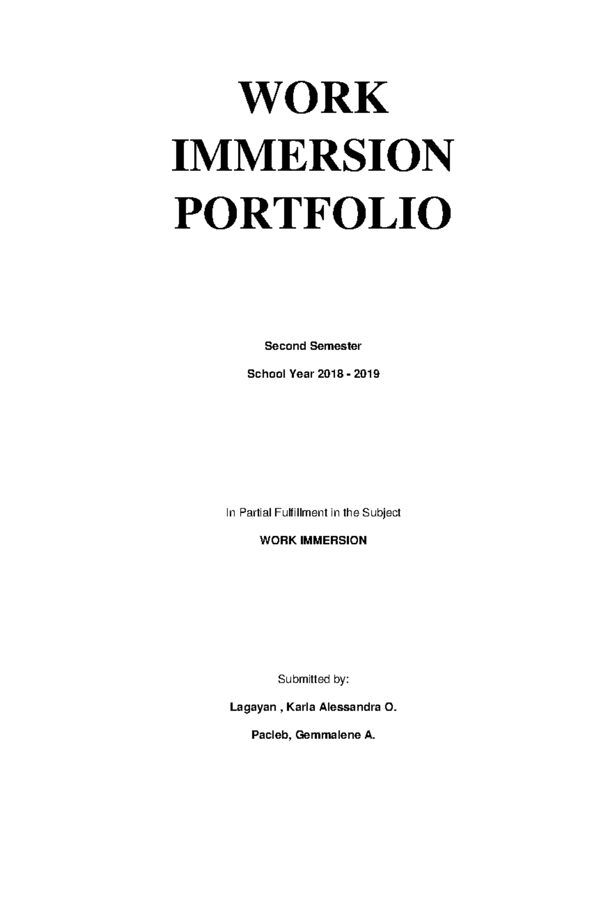 Pdfcoffee - None - WORK IMMERSION PORTFOLIO Second Semester School Year 2018 - 2019 In Partial ...