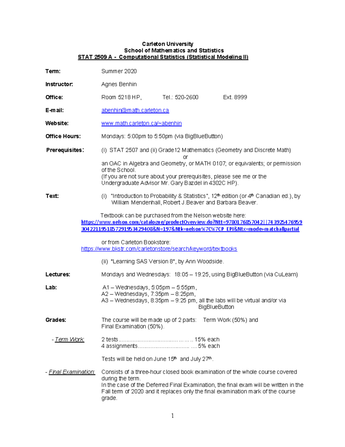 Course Outline - Warning: TT: undefined function: 32 1 Carleton University School of Mathematics ...