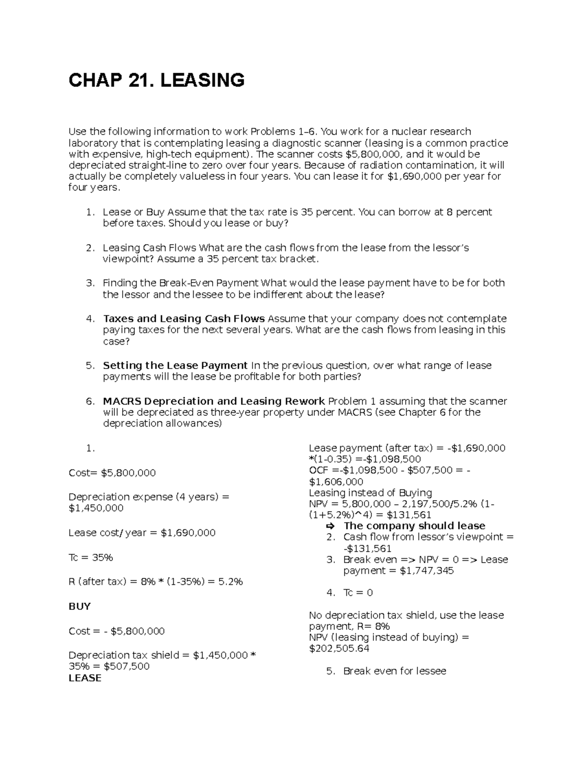 CHAP 21 (leasing) - from finance class, here is what I practice for final exam - CHAP 21 ...
