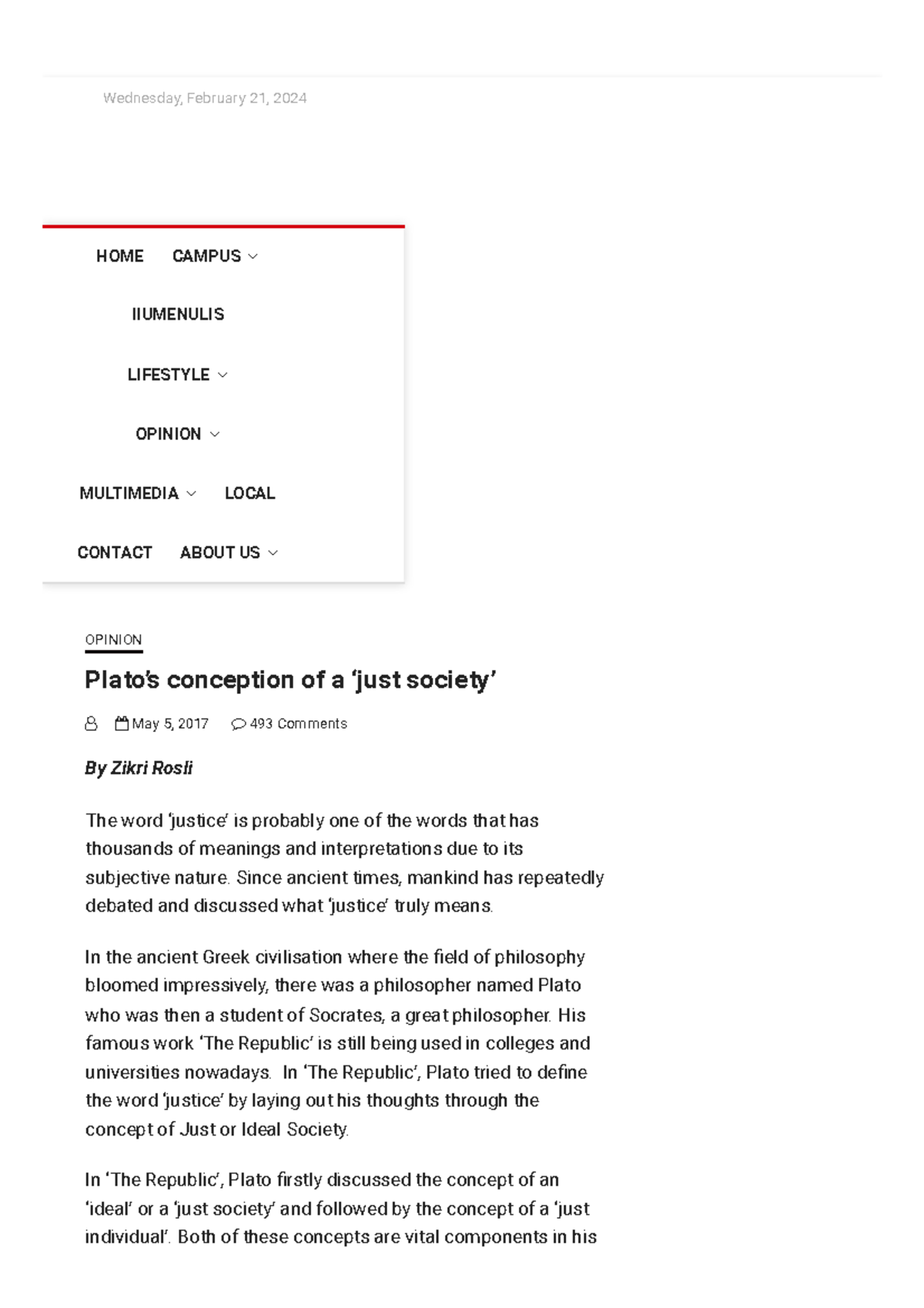 Plato’s conception of a ‘just society’ – IIUM Today - Wednesday, February 21, 2024 HOME CAMPUS ...