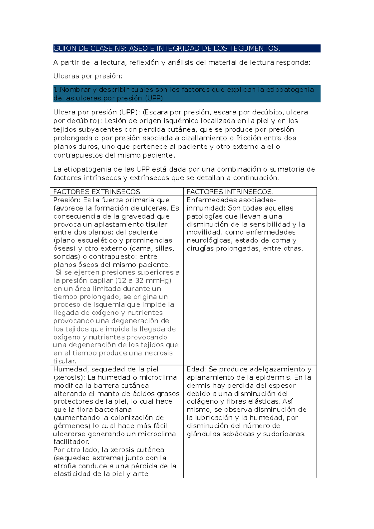 Guion de clase N9 Aseo e integridad de los tegumentos - GUION DE CLASE N9: ASEO E INTEGRIDAD DE ...