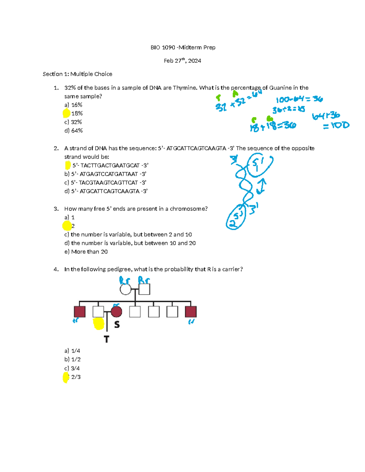 BIO 1090 MOCK Midterm - BIO 1090 -Midterm Prep Feb 27th, 2024 Section 1: Multiple Choice 32% of ...