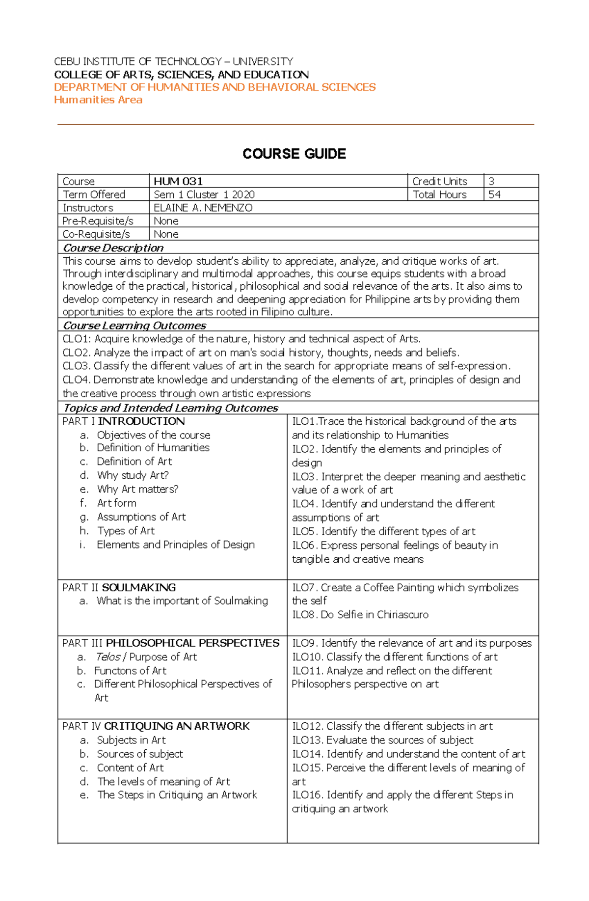 Course-Guide-Art Appreciation (HUM031) course guide course guide - CEBU ...