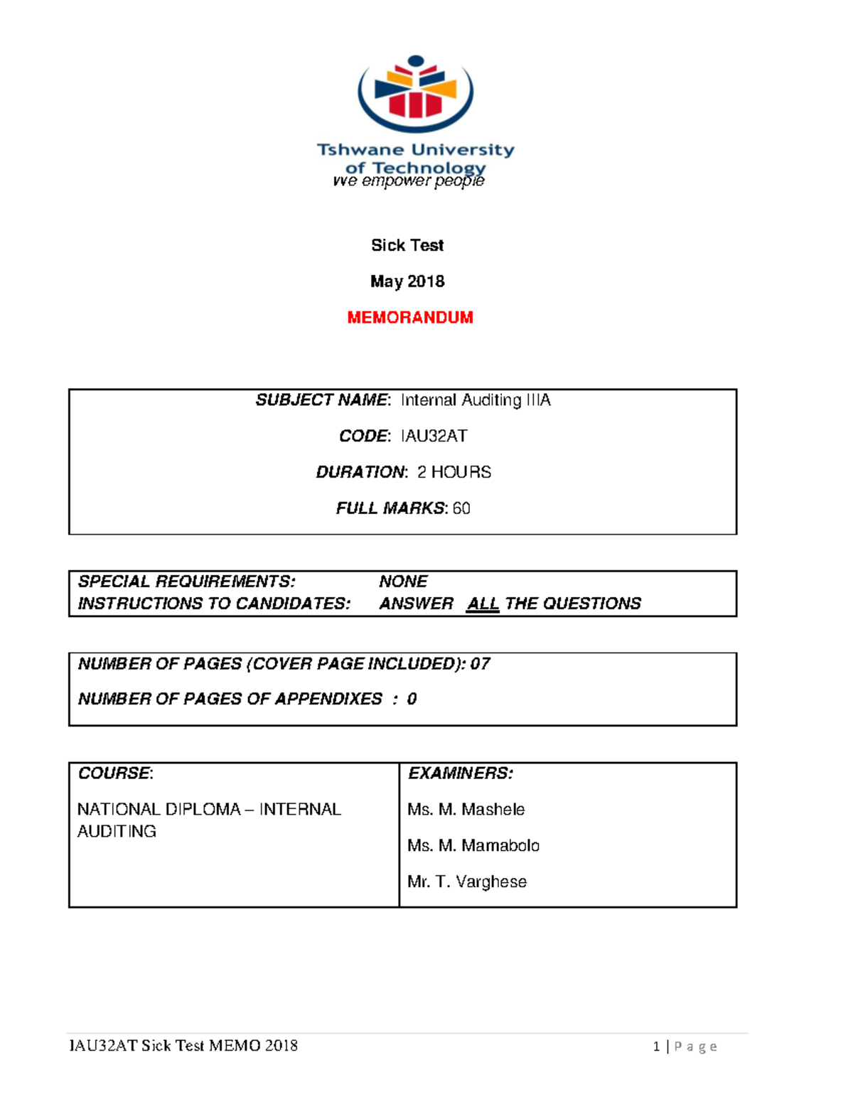 FINAL 10 April, questions and answers - IAU32AT Sick Test MEMO 2018 1 ...