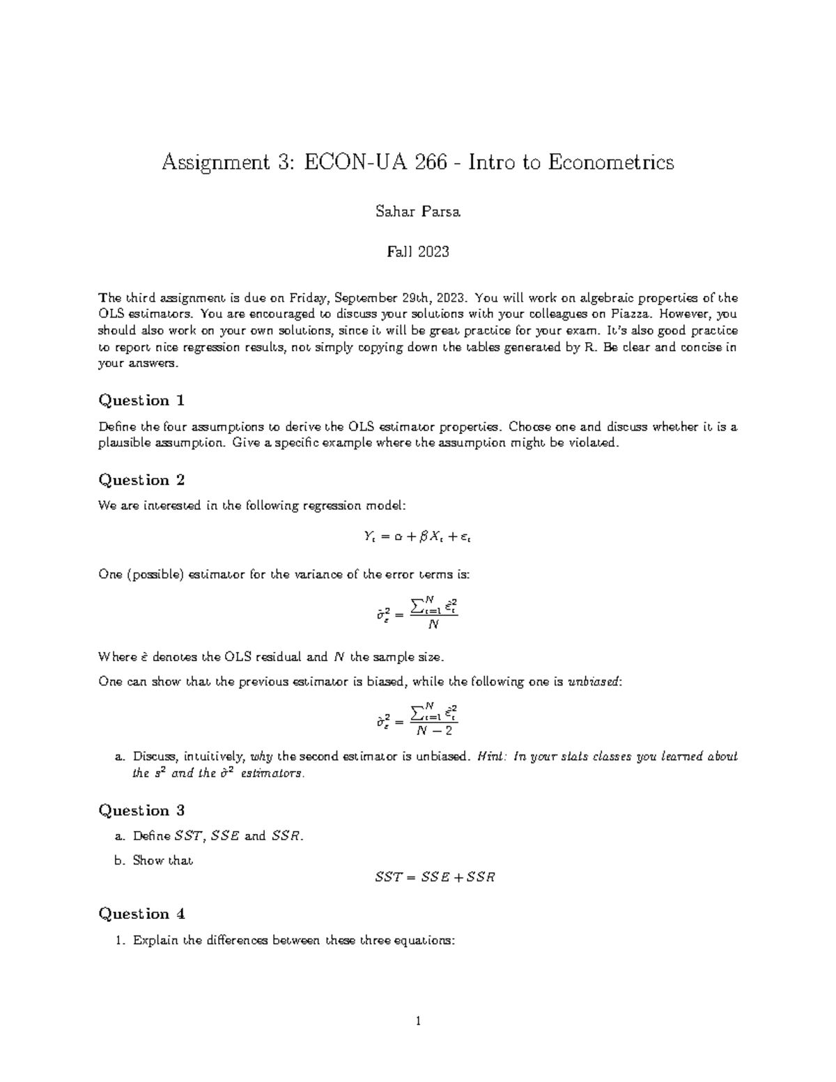 Assignment 3 - ubertag - Assignment 3: ECON-UA 266 - Intro to Econometrics Sahar Parsa Fall 2023 ...