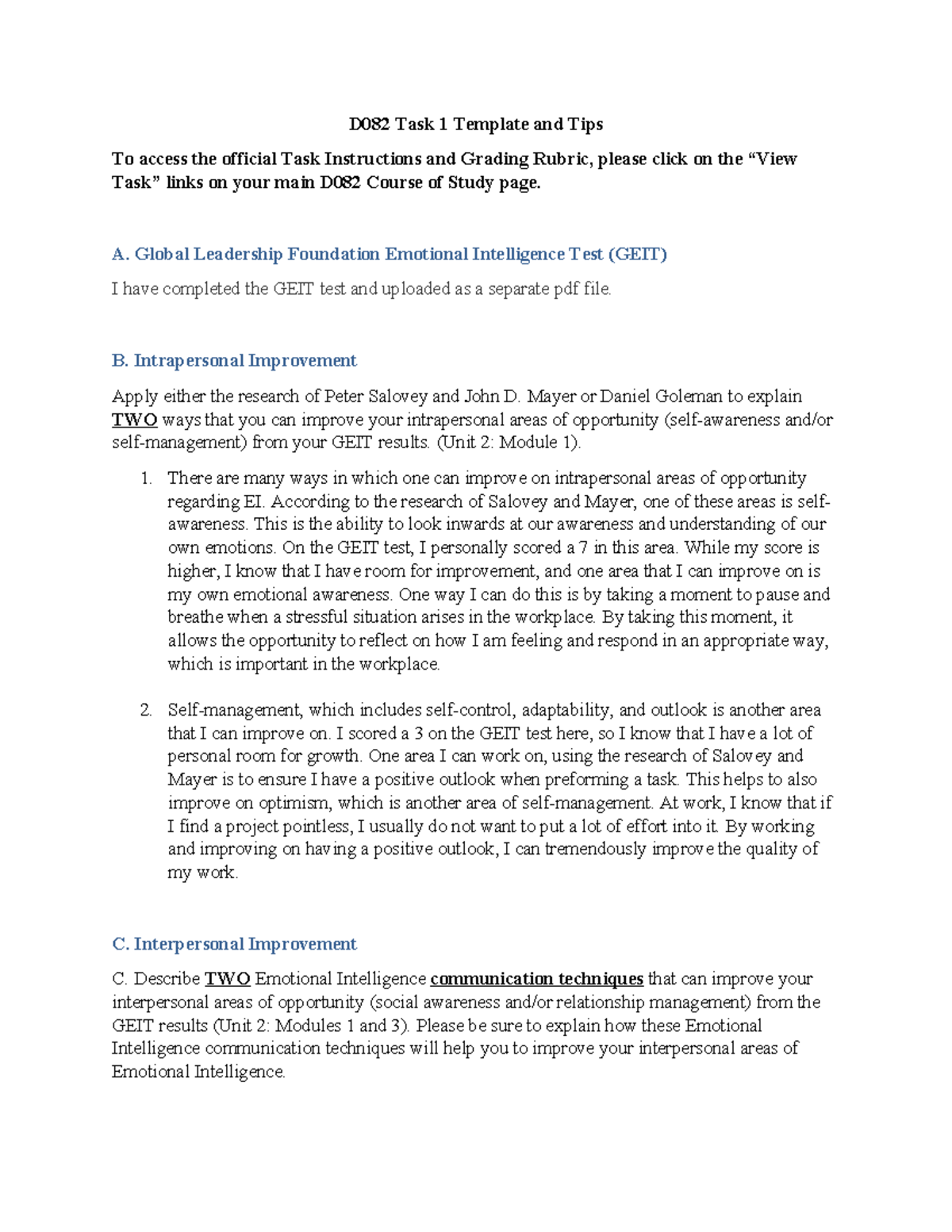 D082 Task 1 - Task 1 - D082 Task 1 Template and Tips To access the official Task Instructions ...