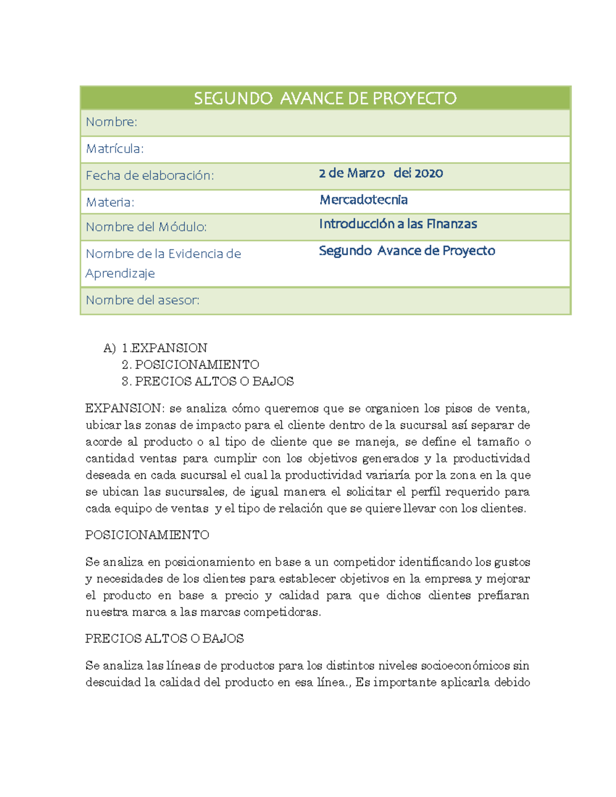 Segundo Avance DE Proyecto - SEGUNDO AVANCE DE PROYECTO Nombre ...